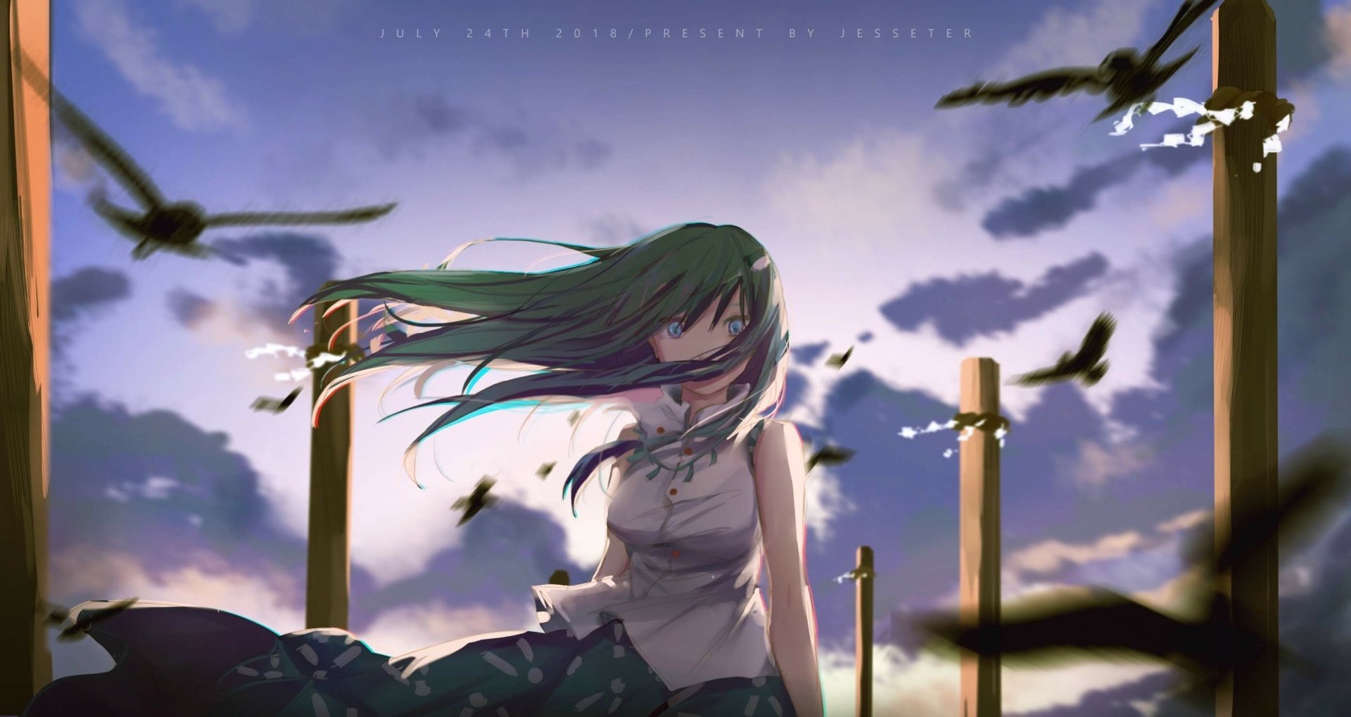 Download Bird Long Hair Blue Eyes Green Hair Sanae Kochiya Anime Touhou ...