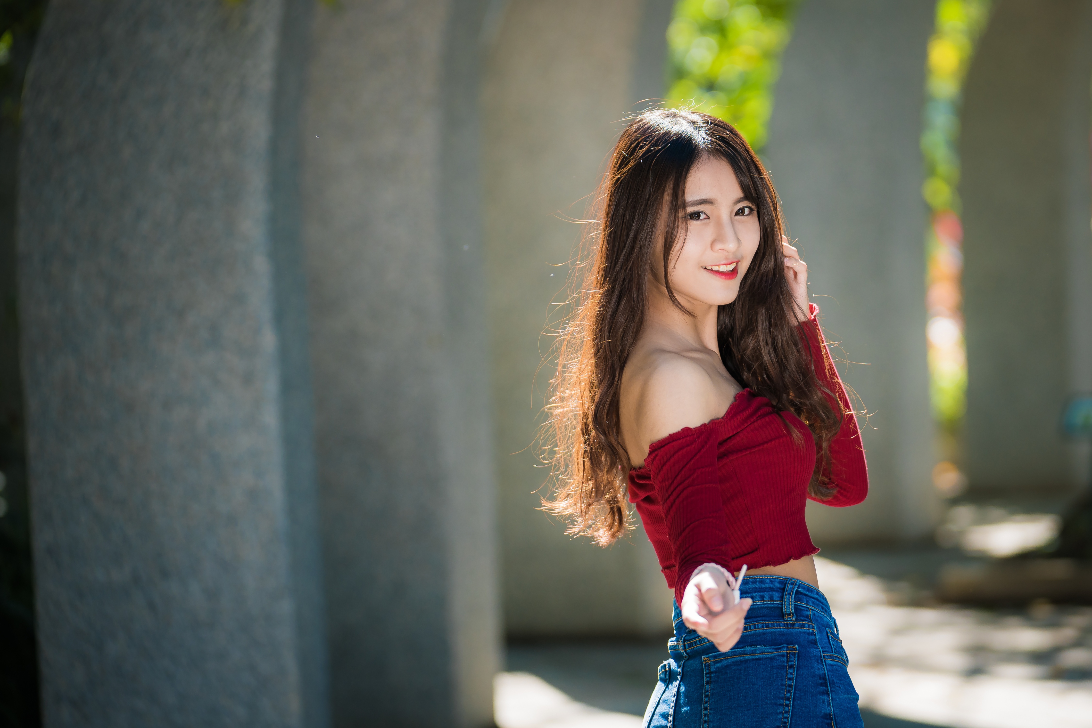 Download Long Hair Brown Eyes Brunette Depth Of Field Smile Model Woman
