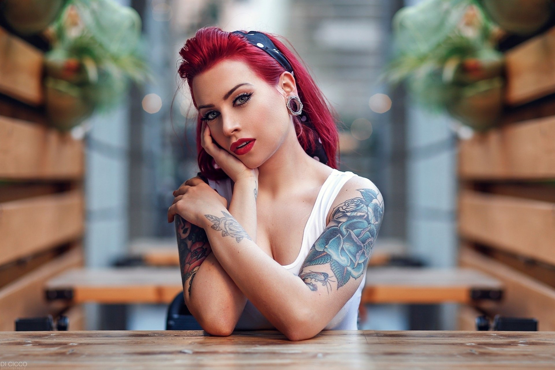 Download Depth Of Field Red Hair Lipstick Model Woman Tattoo Hd