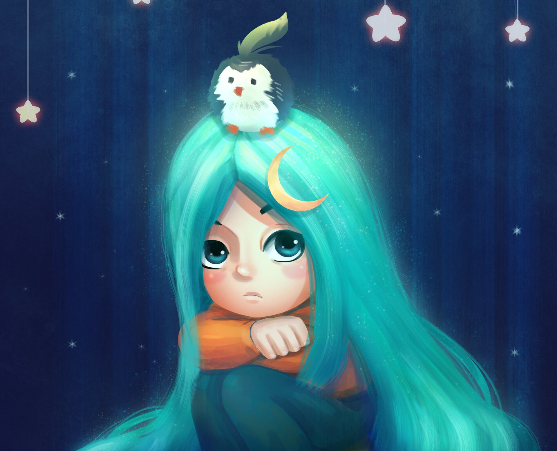 Download Blue Eyes Aqua Hair Long Hair Sadness Fantasy Woman HD ...