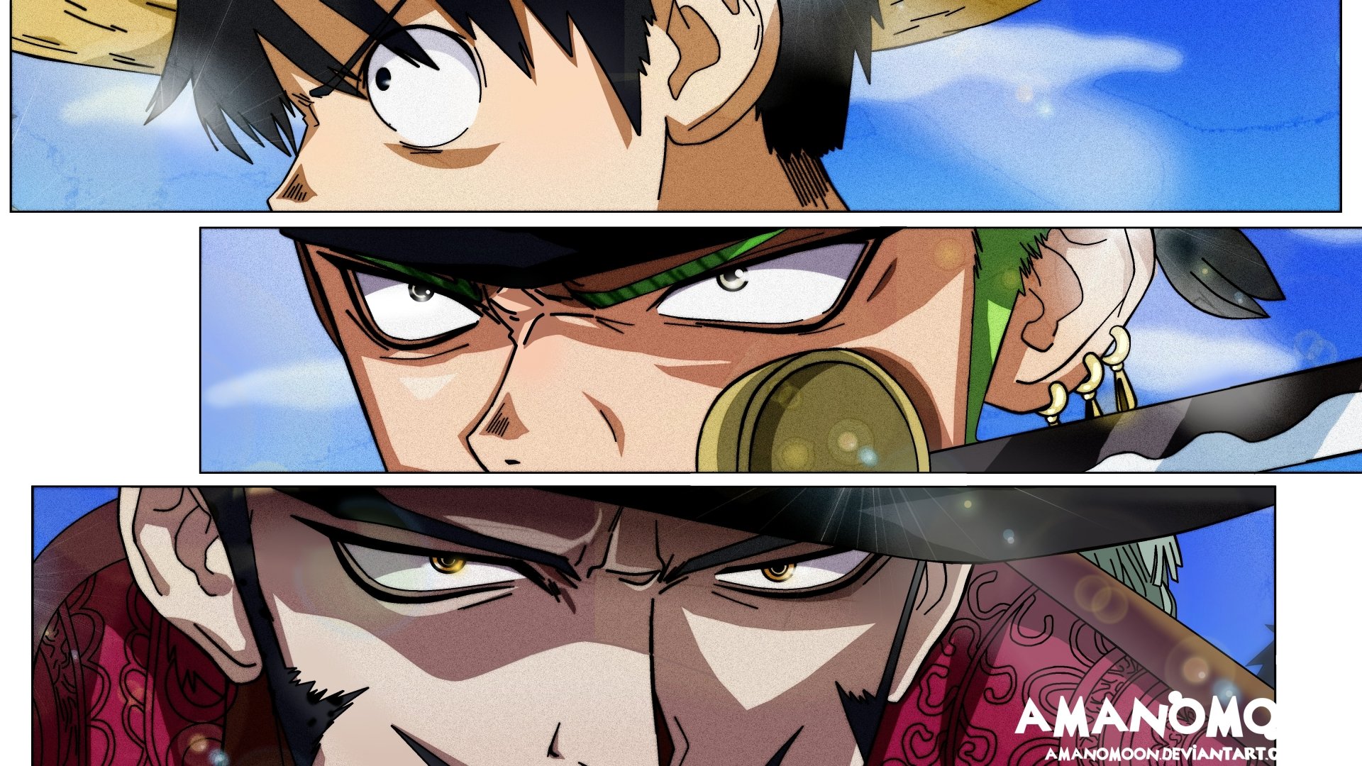 One Piece 4K Wallpaper — Luffy, Zoro & Mihawk: Pirate Standoff by ...