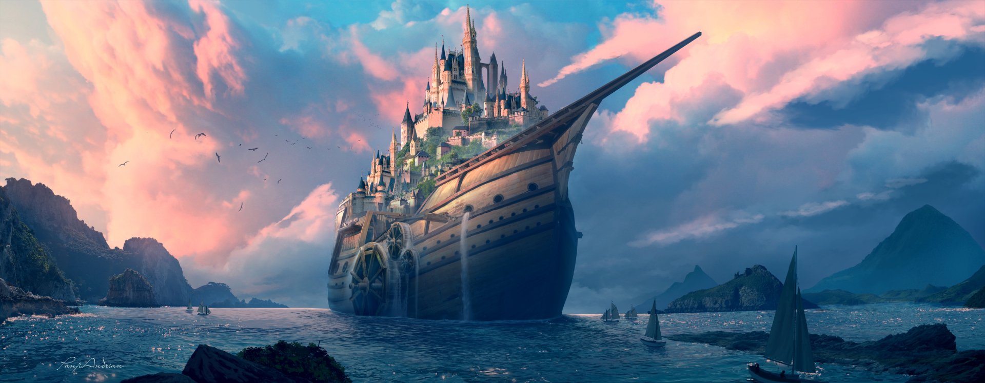 Download City Cloud Fantasy Ship HD Wallpaper by Panji Andrian