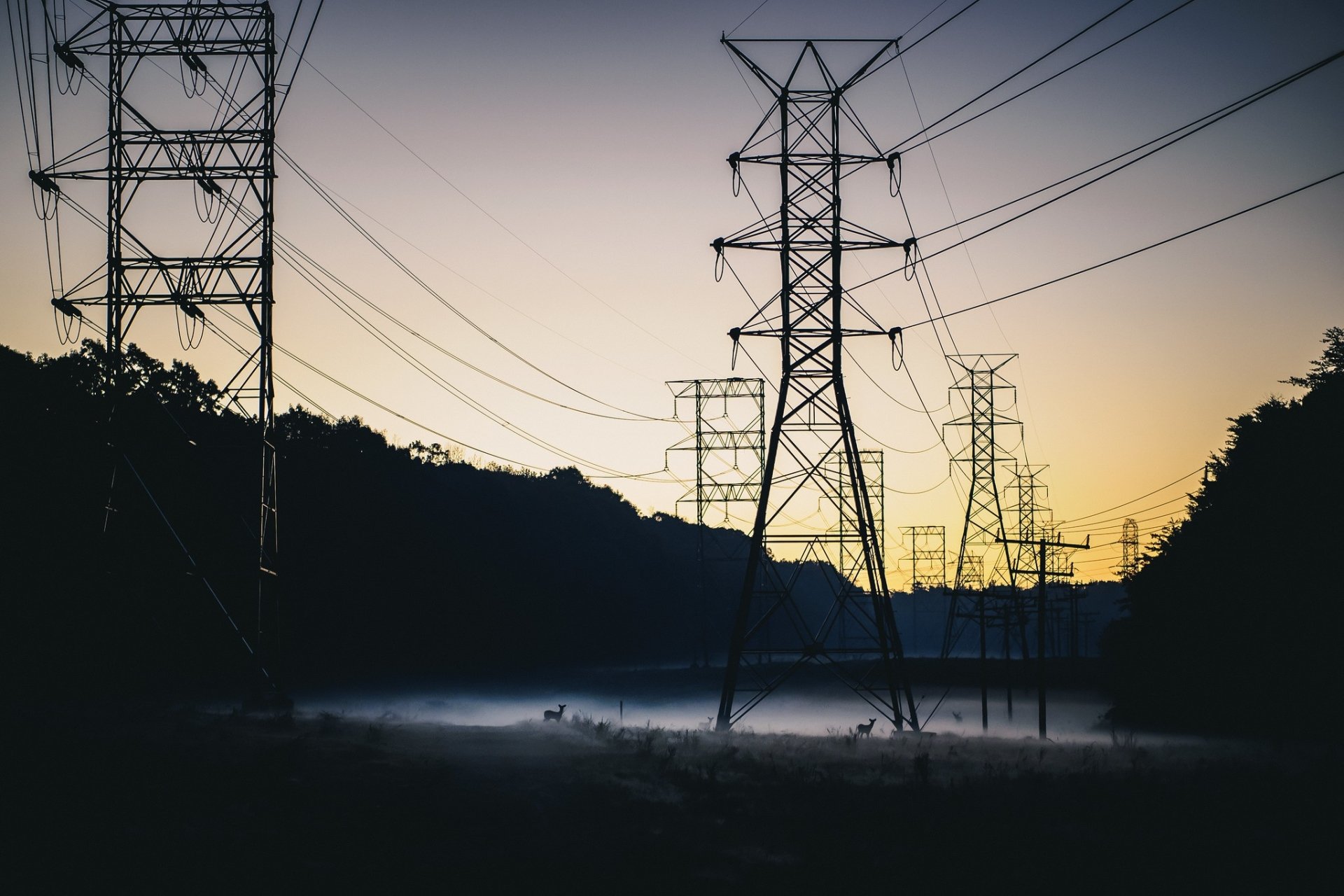 Download Sunrise Fog Nature Night Man Made Power Line HD Wallpaper