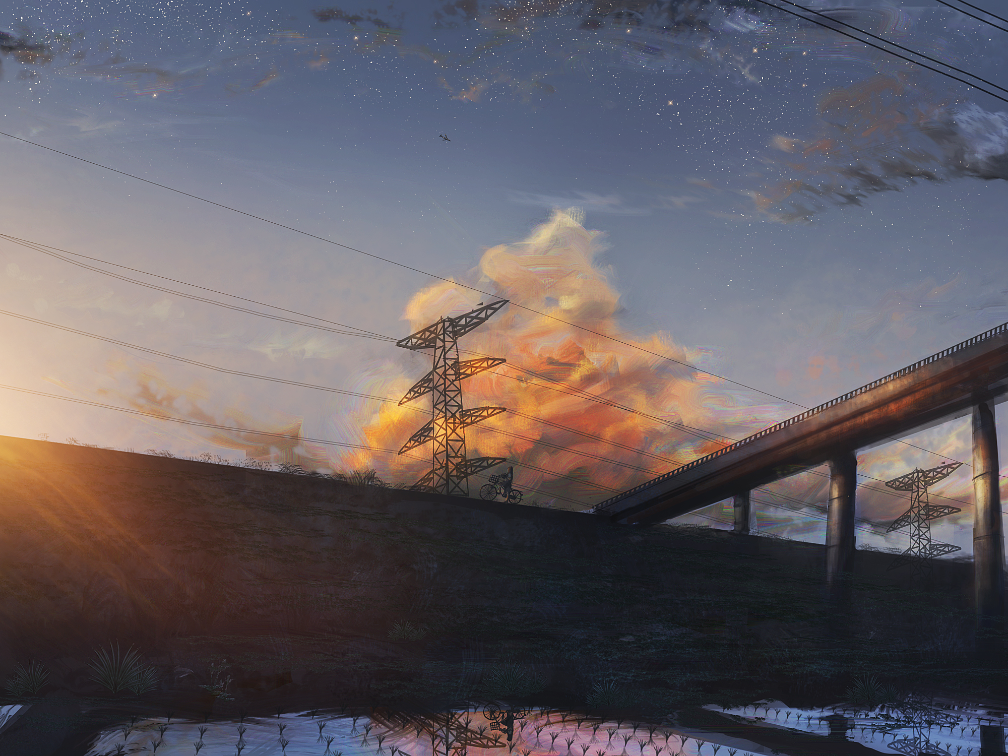 Anime Sunset Bridge Under a Starry Sky HD Wallpaper by ナコモ