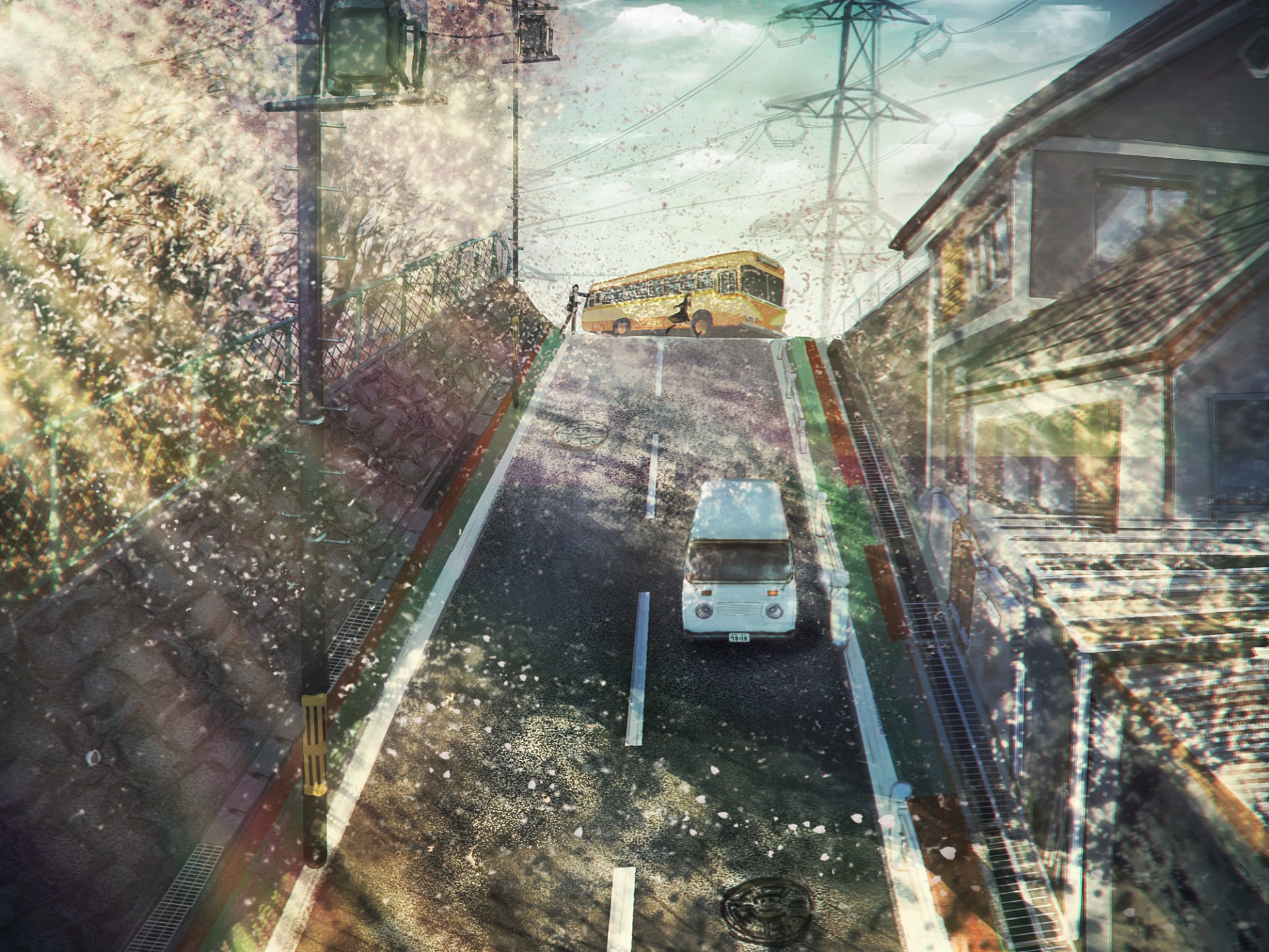 Sunlit Street Journey: Anime Bus HD Wallpaper by ナコモ