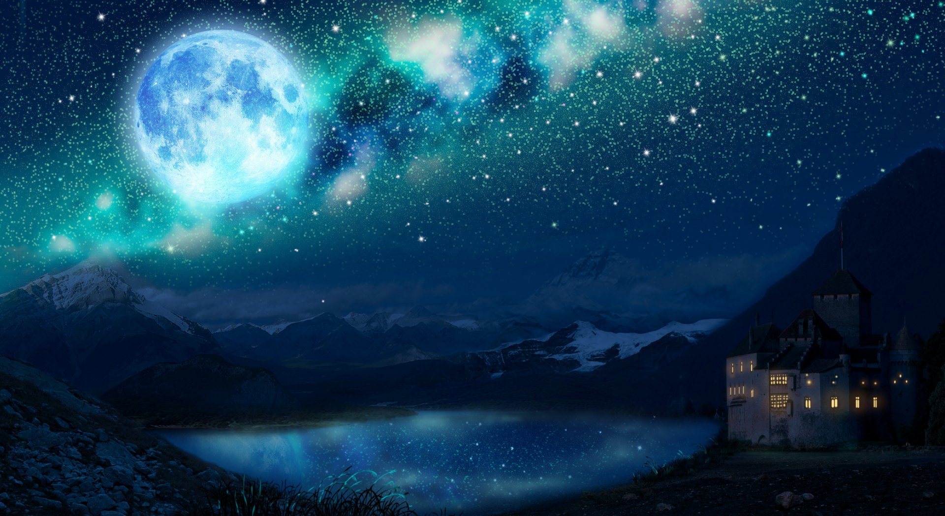 Anime Nightscape: Moonlit Lake Under Starry Skies HD Wallpaper by liwei191
