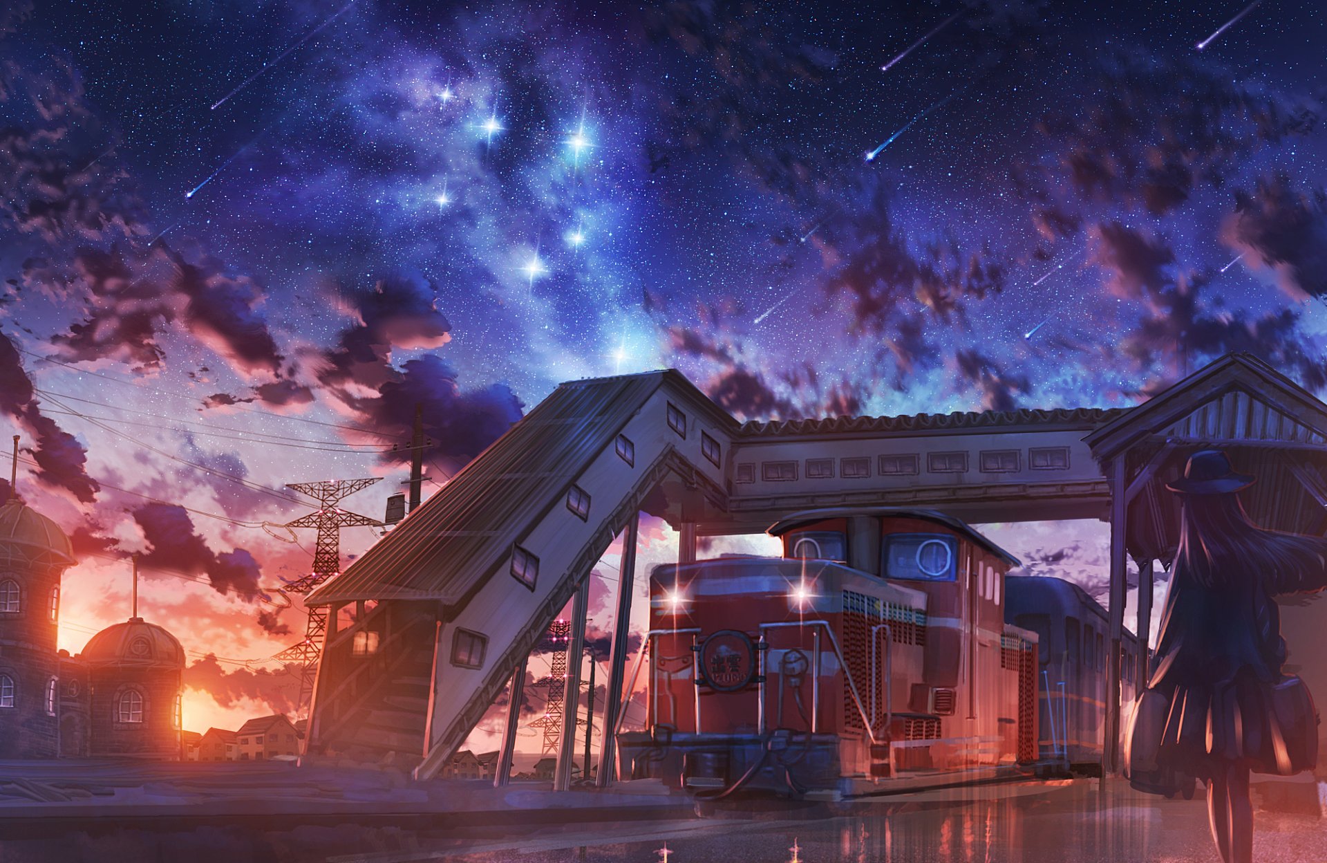 Anime Sunset Express: HD Train Station Under a Starry Sky by ナコモ ...