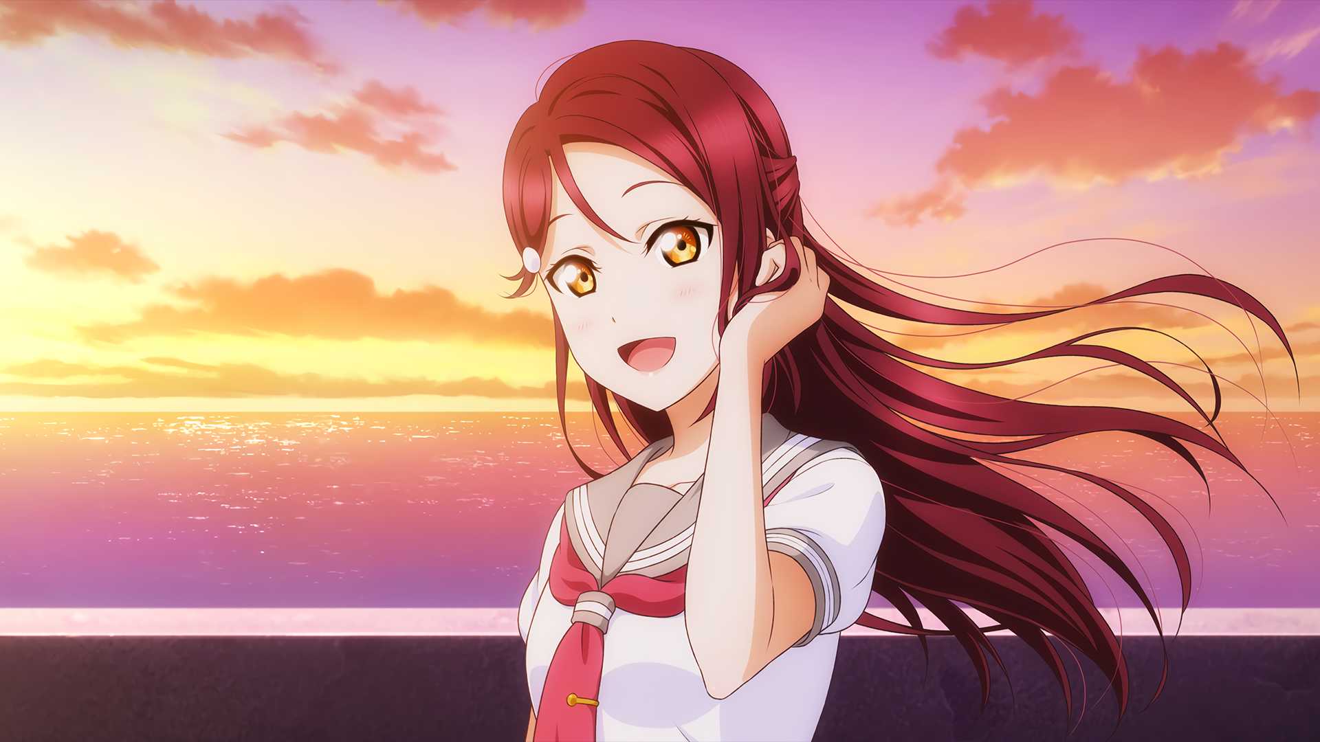 Download Sunset School Uniform Sea Yellow Eyes Long Hair Red Hair Riko ...