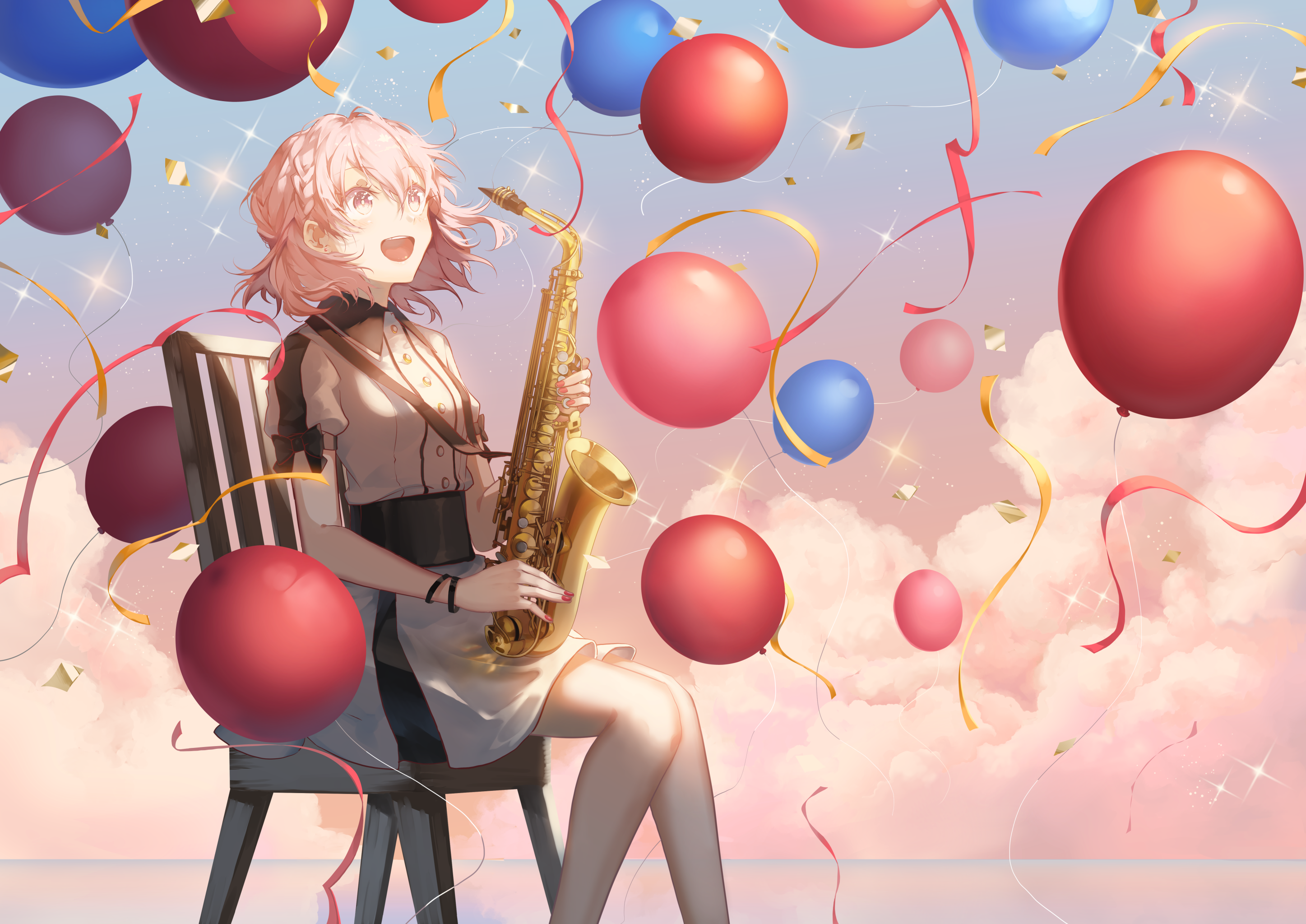 Melodic Breeze: Anime Girl with Pink Hair and Saxophone Among Balloons ...