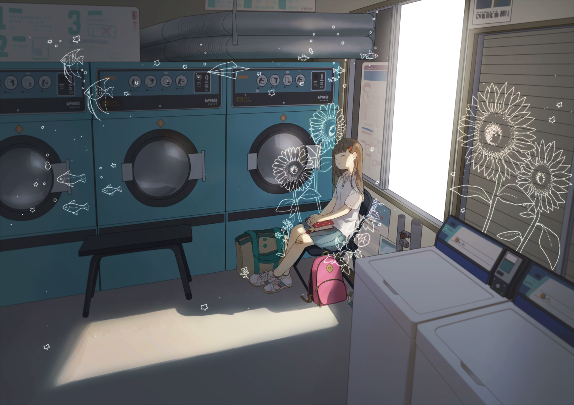 Serene Laundry Day Anime HD Wallpaper by 蜜樹きゅっきゅ