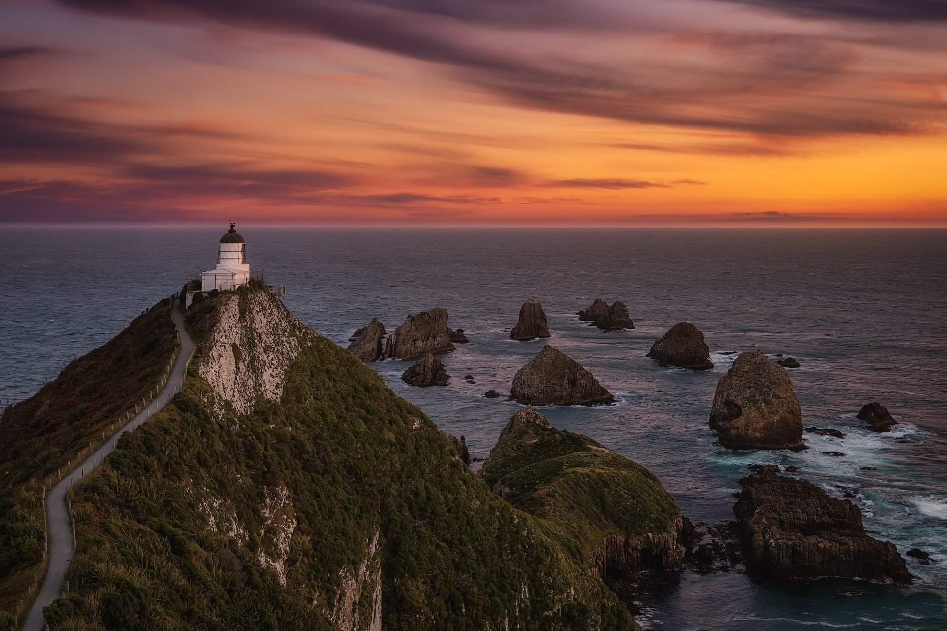 Sunset Lighthouse Path Over Ocean Horizon – Stunning New Zealand HD ...