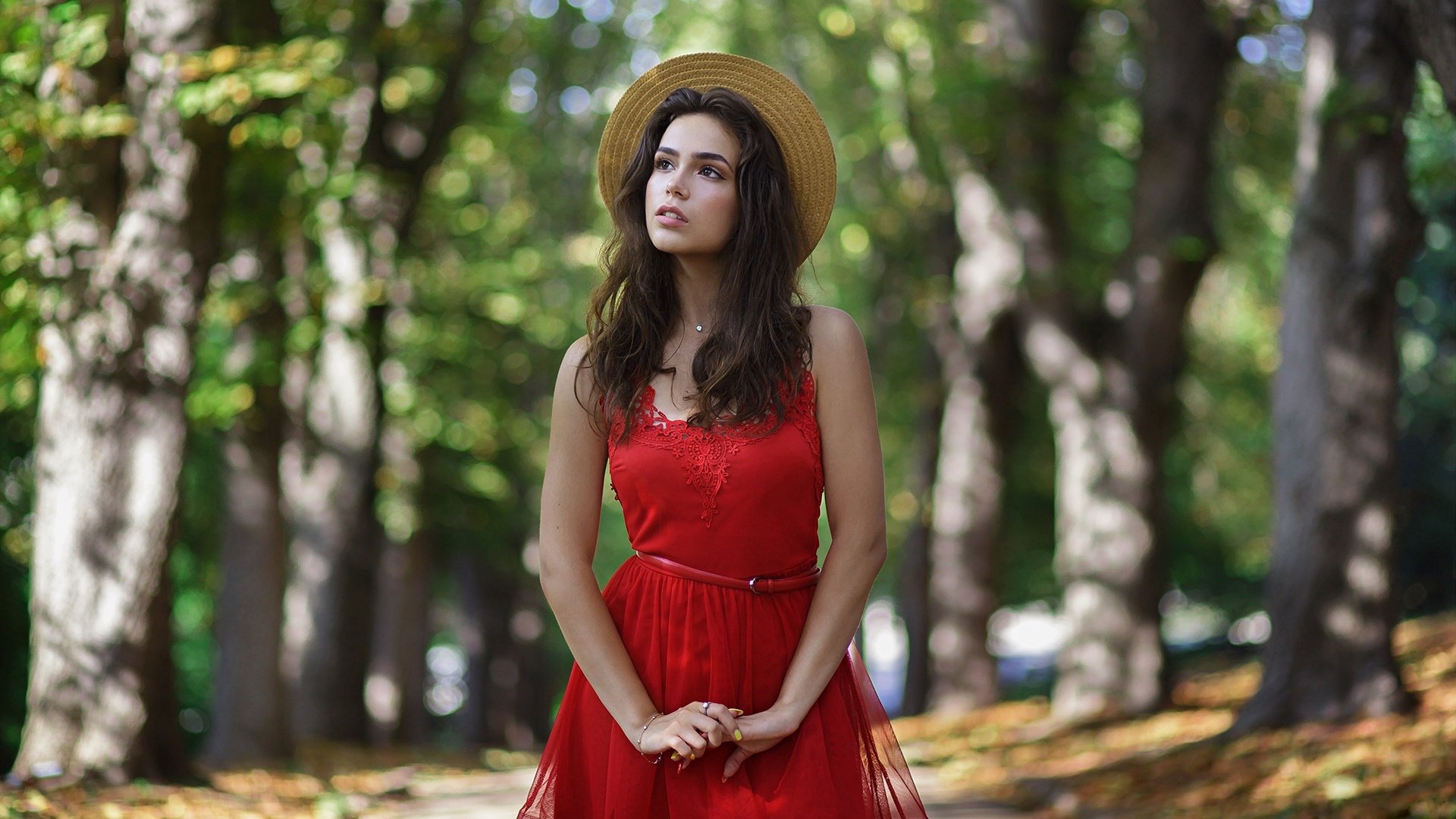 Download Brunette Hat Red Dress Depth Of Field Woman Model HD Wallpaper by Anton Fedorenko