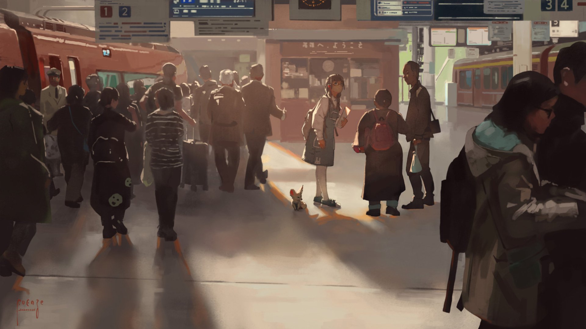 Download Train Station Anime People HD Wallpaper by 小半みるく