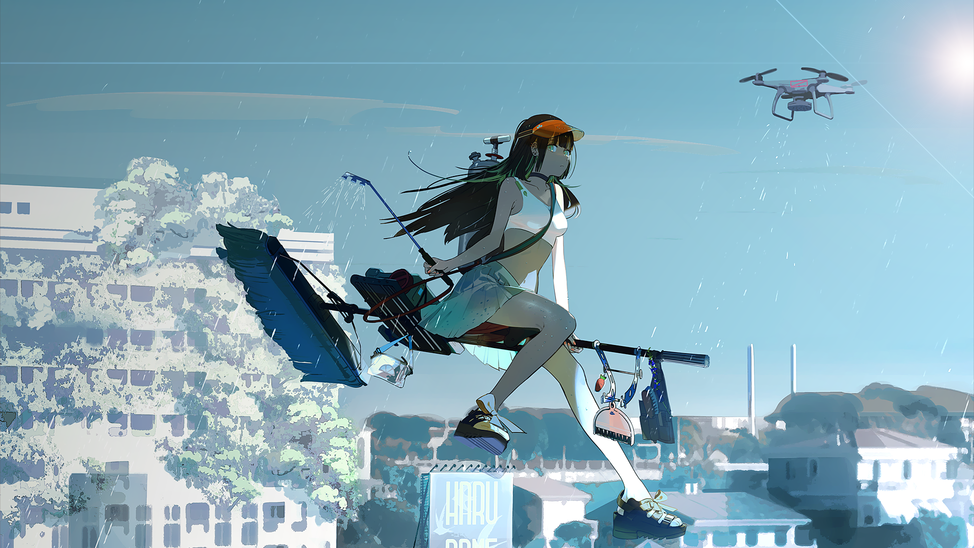 Download Drone Green Eyes City Black Hair Long Hair Anime Original ...