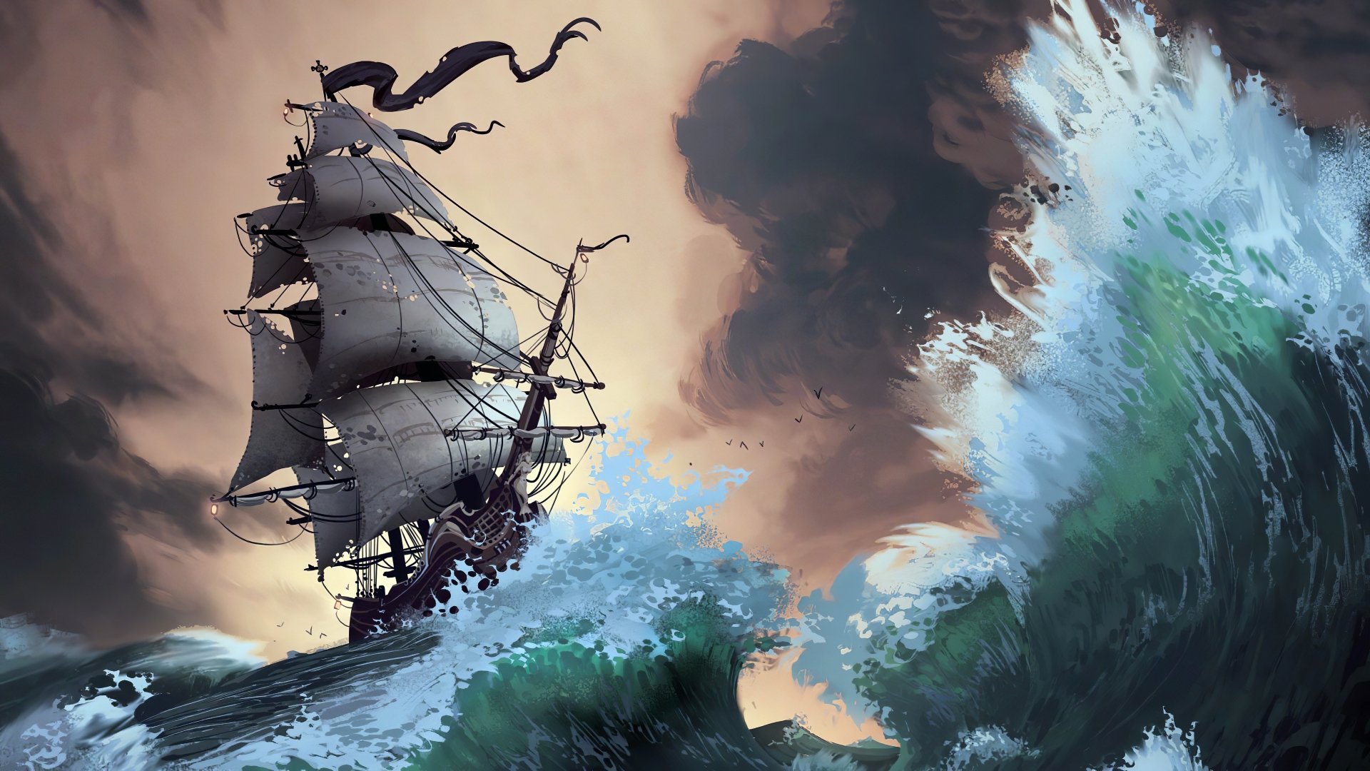 Epic Fantasy Ship Battling Towering Waves – 4K Ultra HD Wallpaper by ...