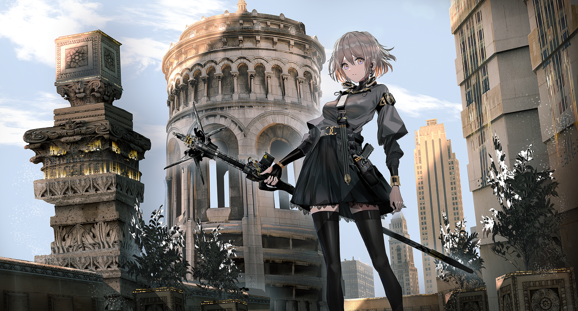 Original Anime Heroine in a Futuristic Cityscape - HD Wallpaper by SWAV