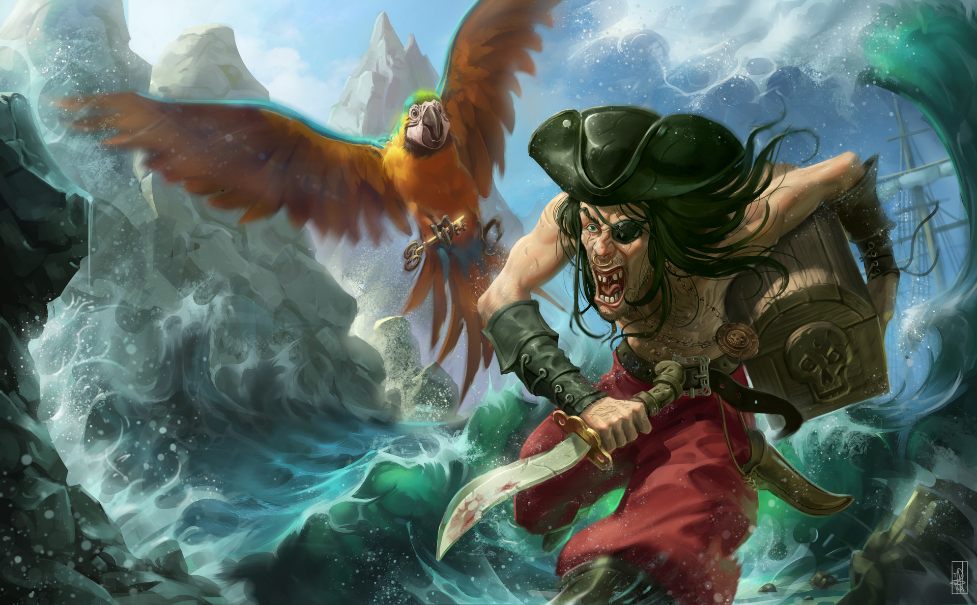 Download Macaw Parrot Dagger Eye Patch Fantasy Pirate HD Wallpaper by ...