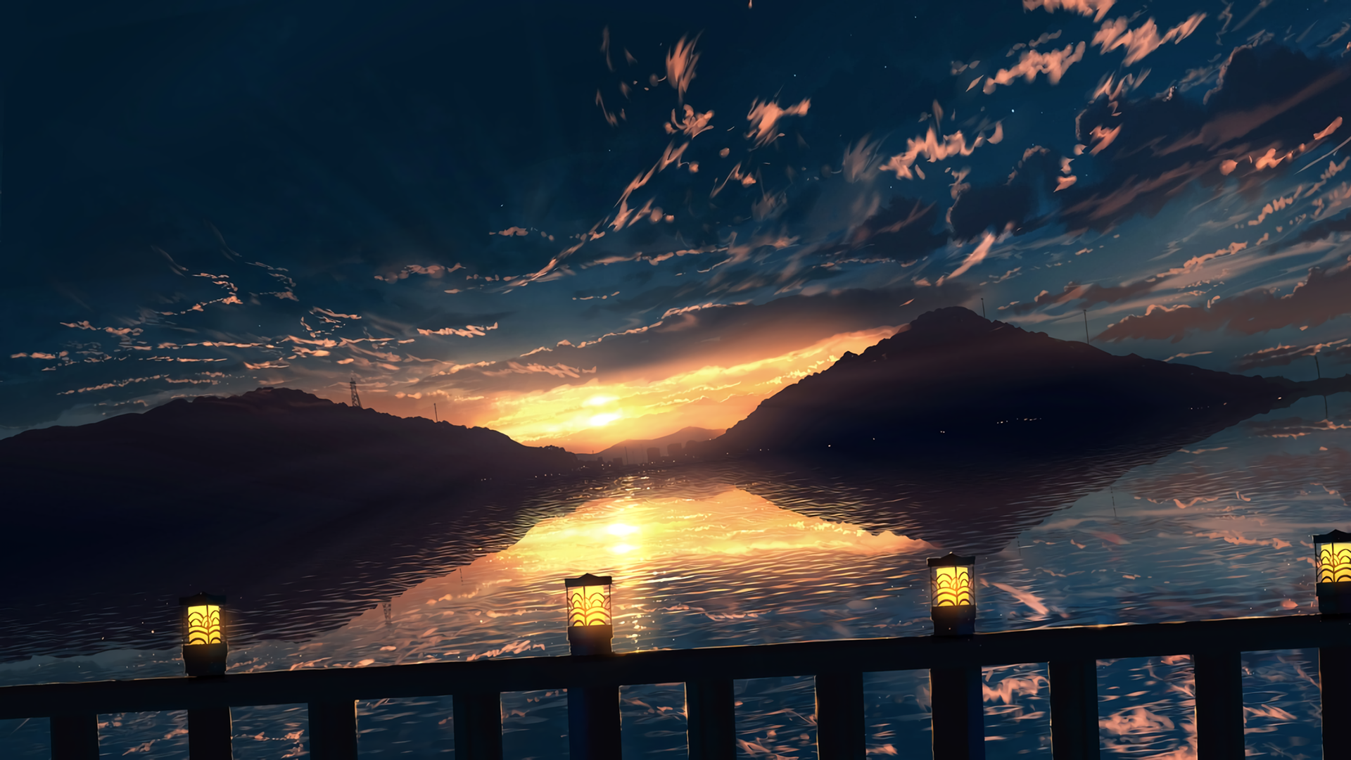 Anime Sunset Reflections: HD Wallpaper by 画师JW