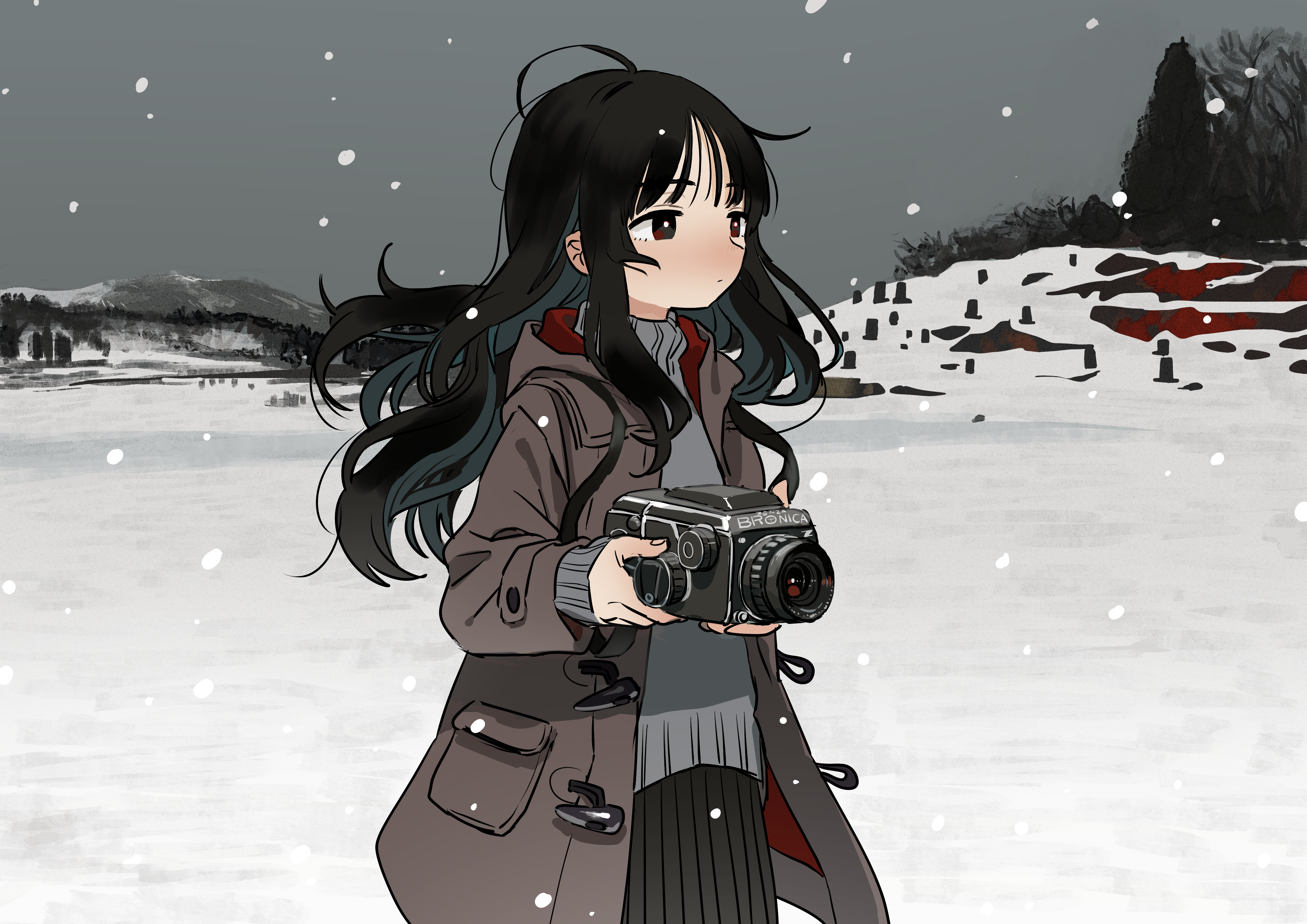 4K Ultra HD Anime Girl with Long Hair and Vintage Camera in Snowy ...