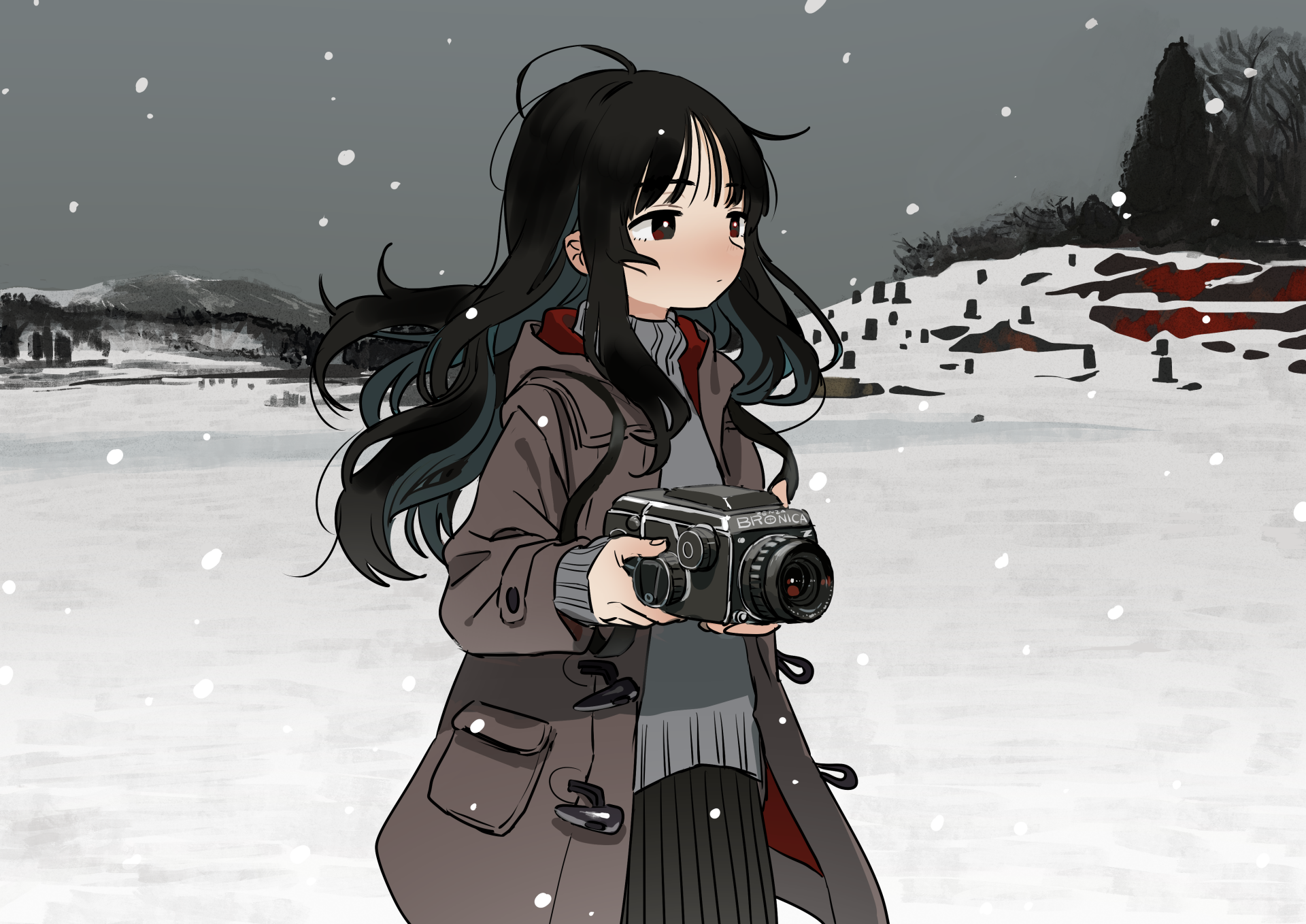 4K Ultra HD Anime Girl with Long Hair and Vintage Camera in Snowy ...