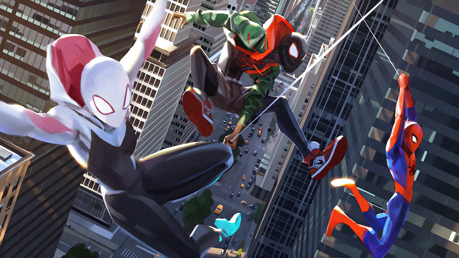 Ultimate Spider-Verse Heroes 4K Ultra HD Wallpaper: Peter, Gwen & Miles Swinging by Aliya Chen