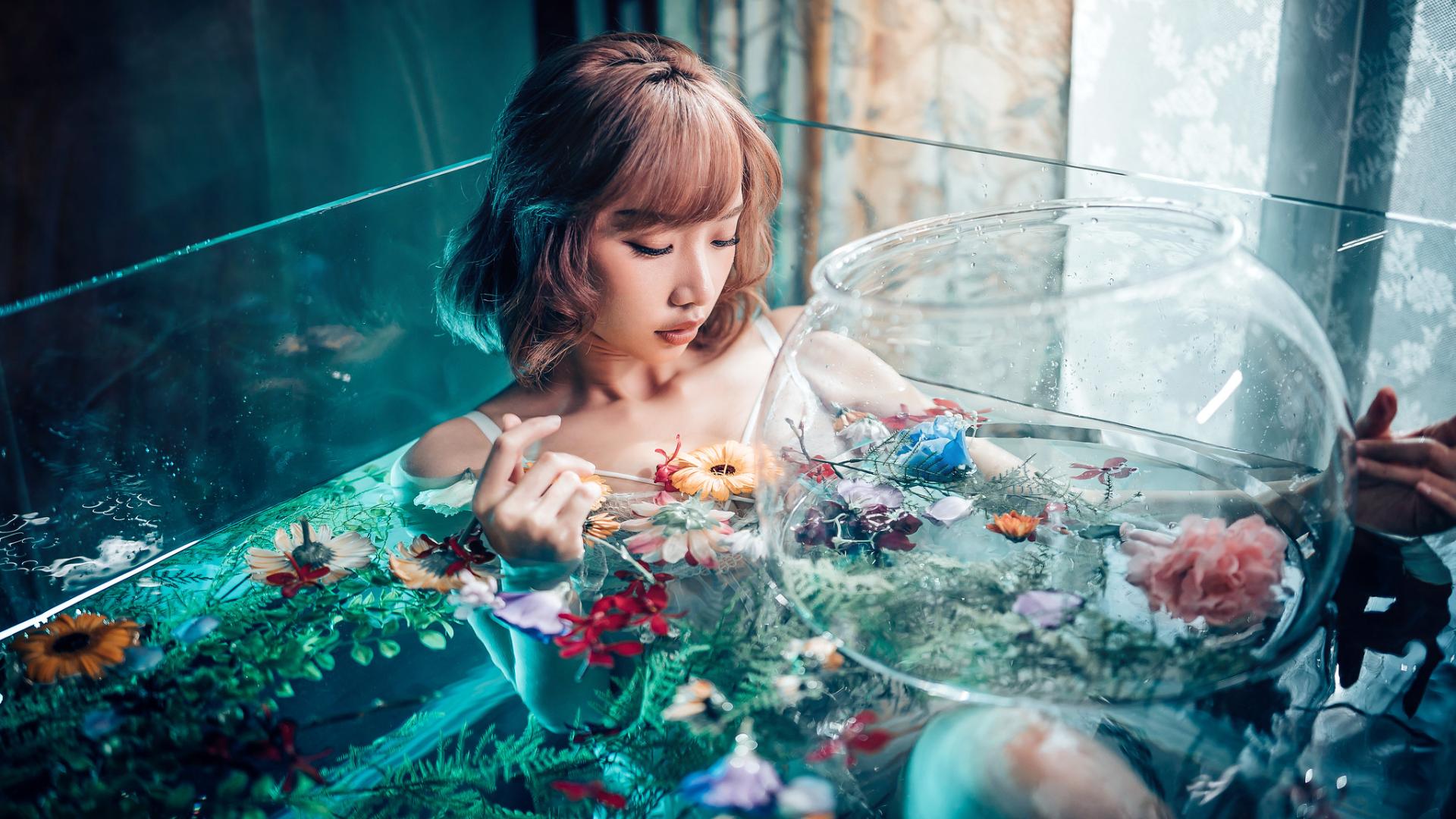 Download Flower Water Aquarium Model Woman Asian HD Wallpaper