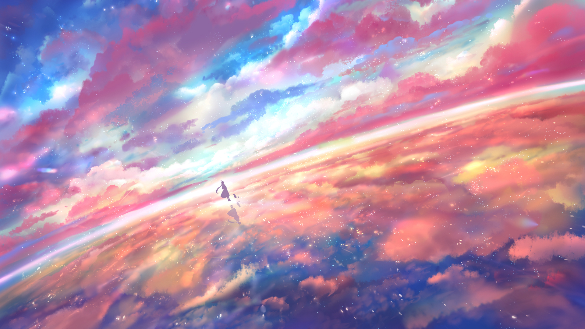 Skybound Reflections: Anime Cat in a Dreamy Cloudscape HD Wallpaper by 防人
