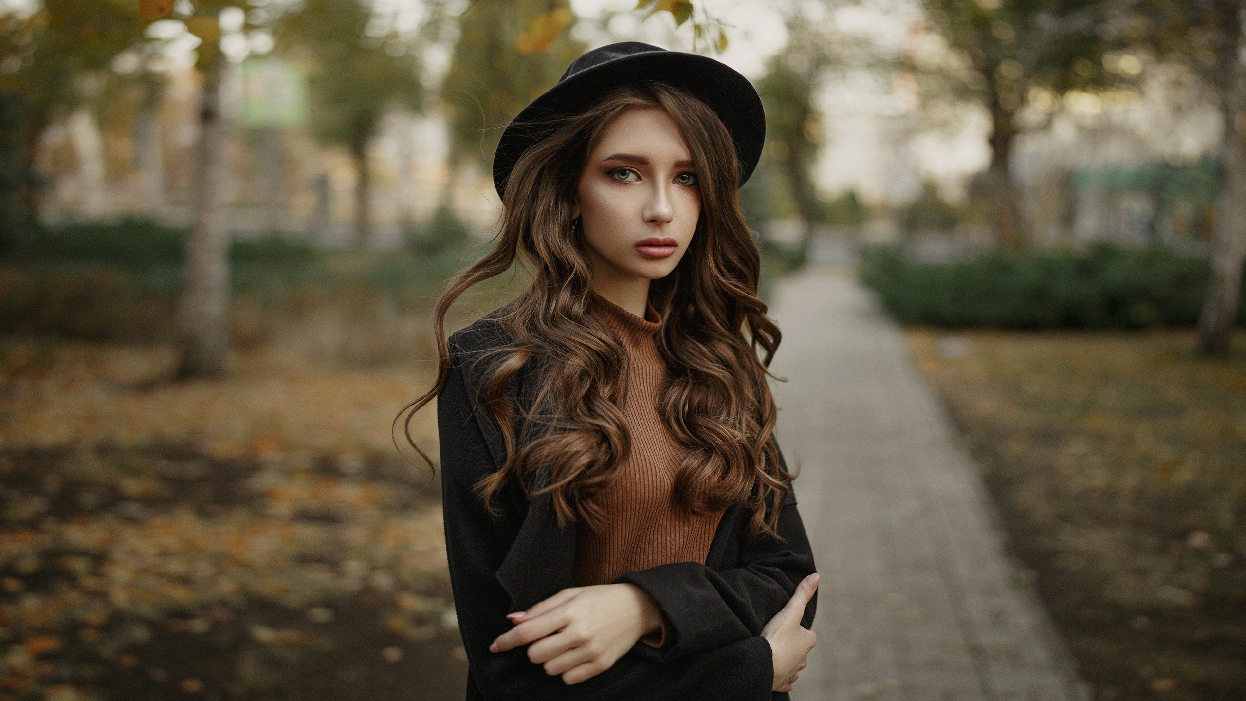 Download Hat Brunette Depth Of Field Woman Model HD Wallpaper by Ivan Kovalev
