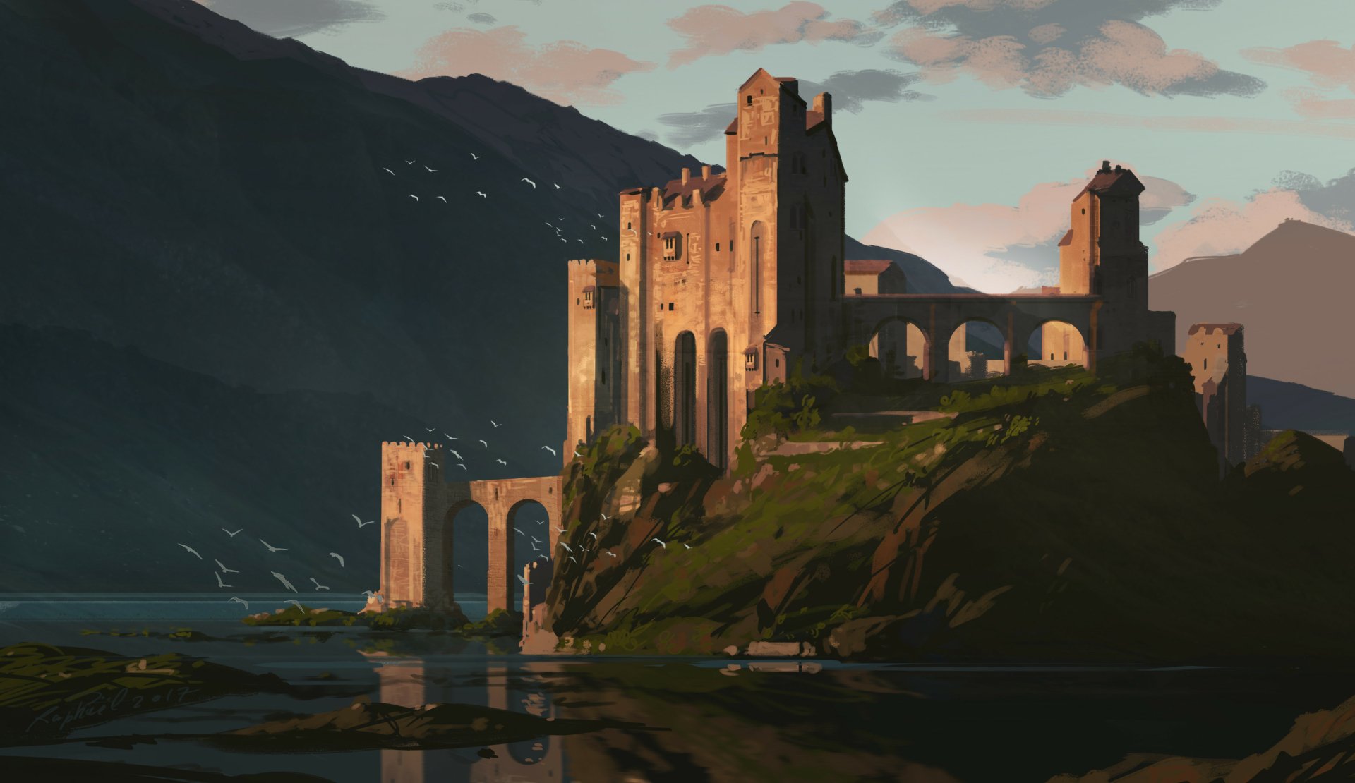 2K Quad HD — Cliffside Fantasy Castle at Dusk by Raphael Lacoste