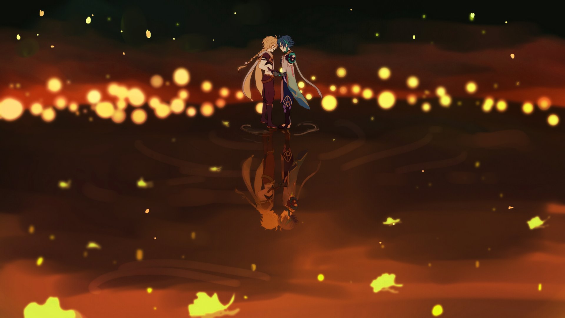 Genshin Impact HD Wallpaper: Xiao & Aether in Fiery Reflections by ...