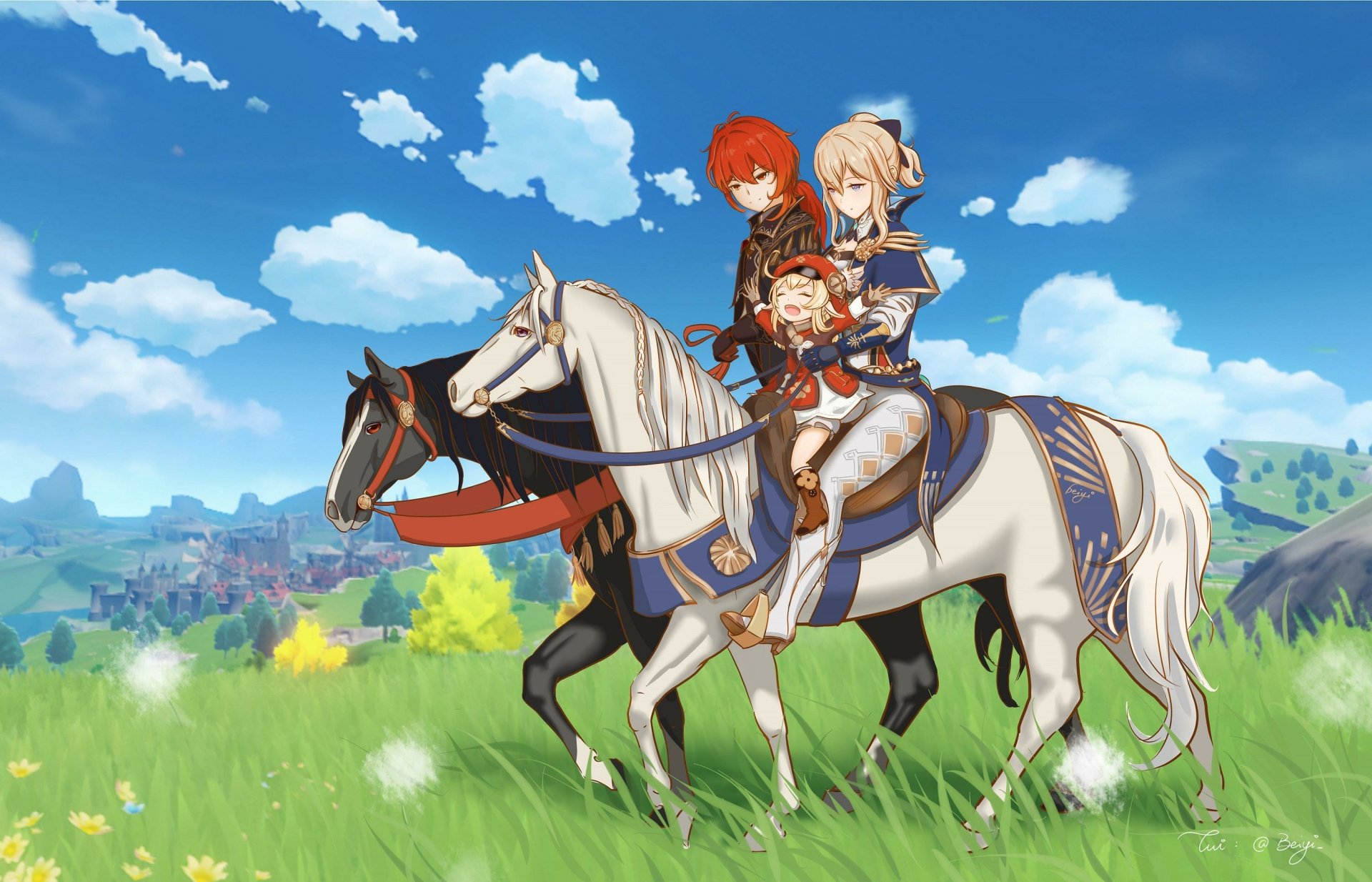 Genshin Impact 2K: Jean, Diluc & Klee Horseback Wallpaper