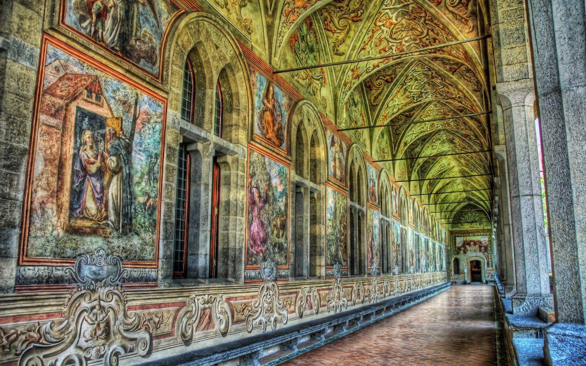 Majestic Cathedral Corridor: HD Religious Art and Architecture Wallpaper