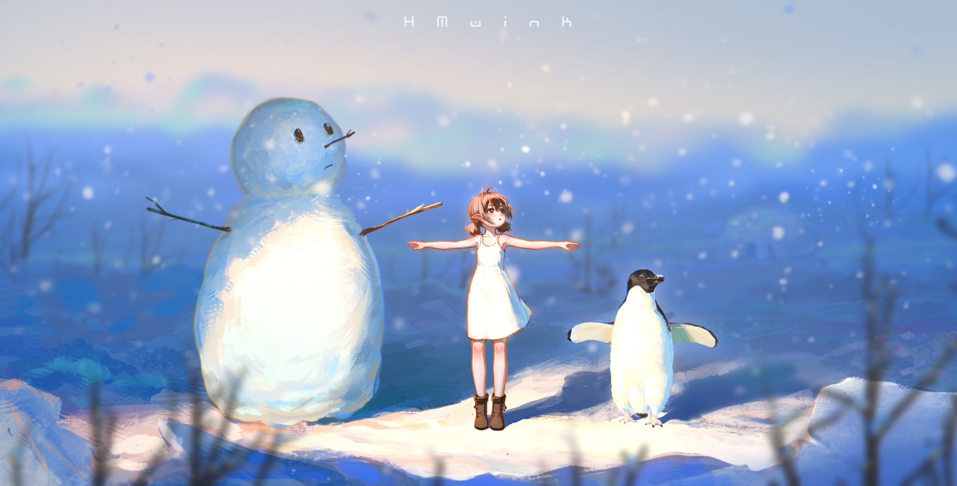 Winter Wonderland: Anime Girl with Snowman & Penguin HD Wallpaper by 花铭
