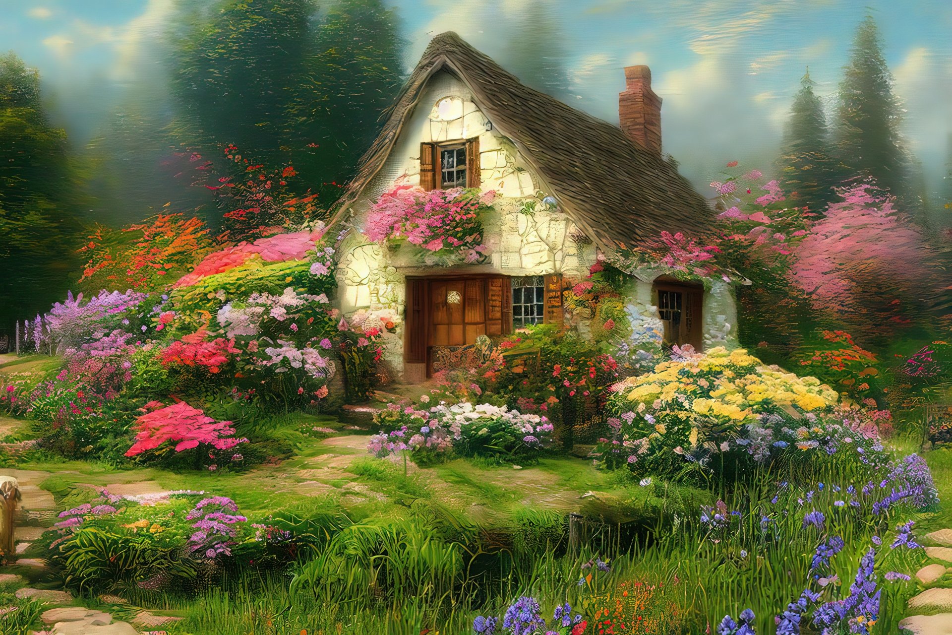 AI-Enhanced Artistic Cottage in Bloom | 4K Ultra HD Wallpaper