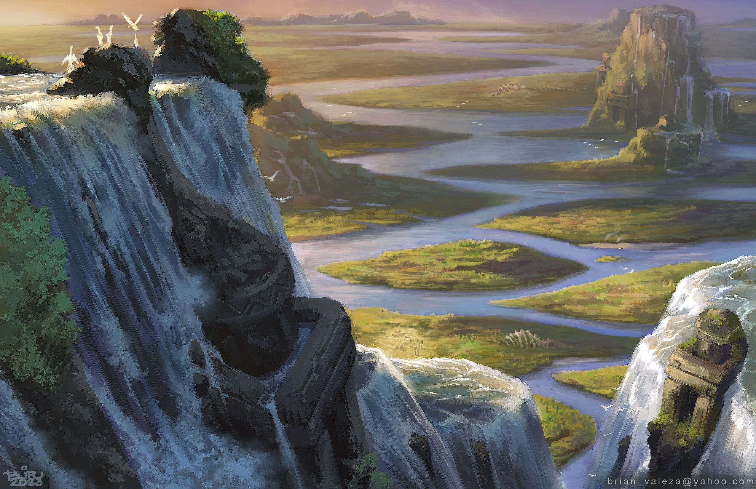 Ethereal Fantasy Landscape HD Wallpaper: Majestic Waterfalls and Serene ...