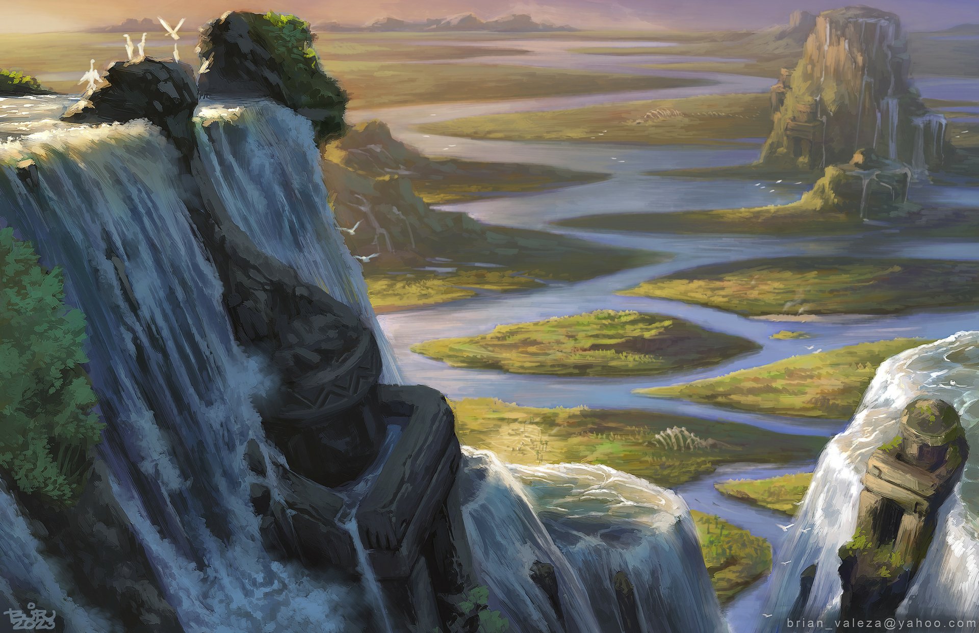 Ethereal Fantasy Landscape HD Wallpaper: Majestic Waterfalls and Serene ...