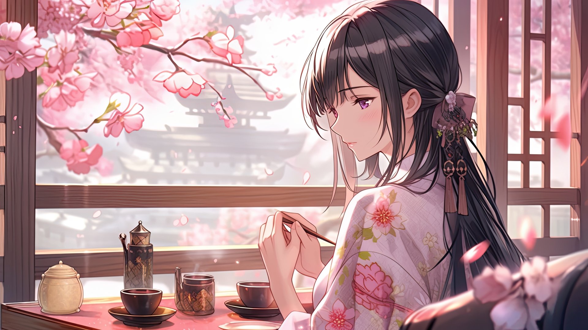 8K Ultra HD Anime Girl Serenity: Blossoms & Tea Moments by Tadokiari