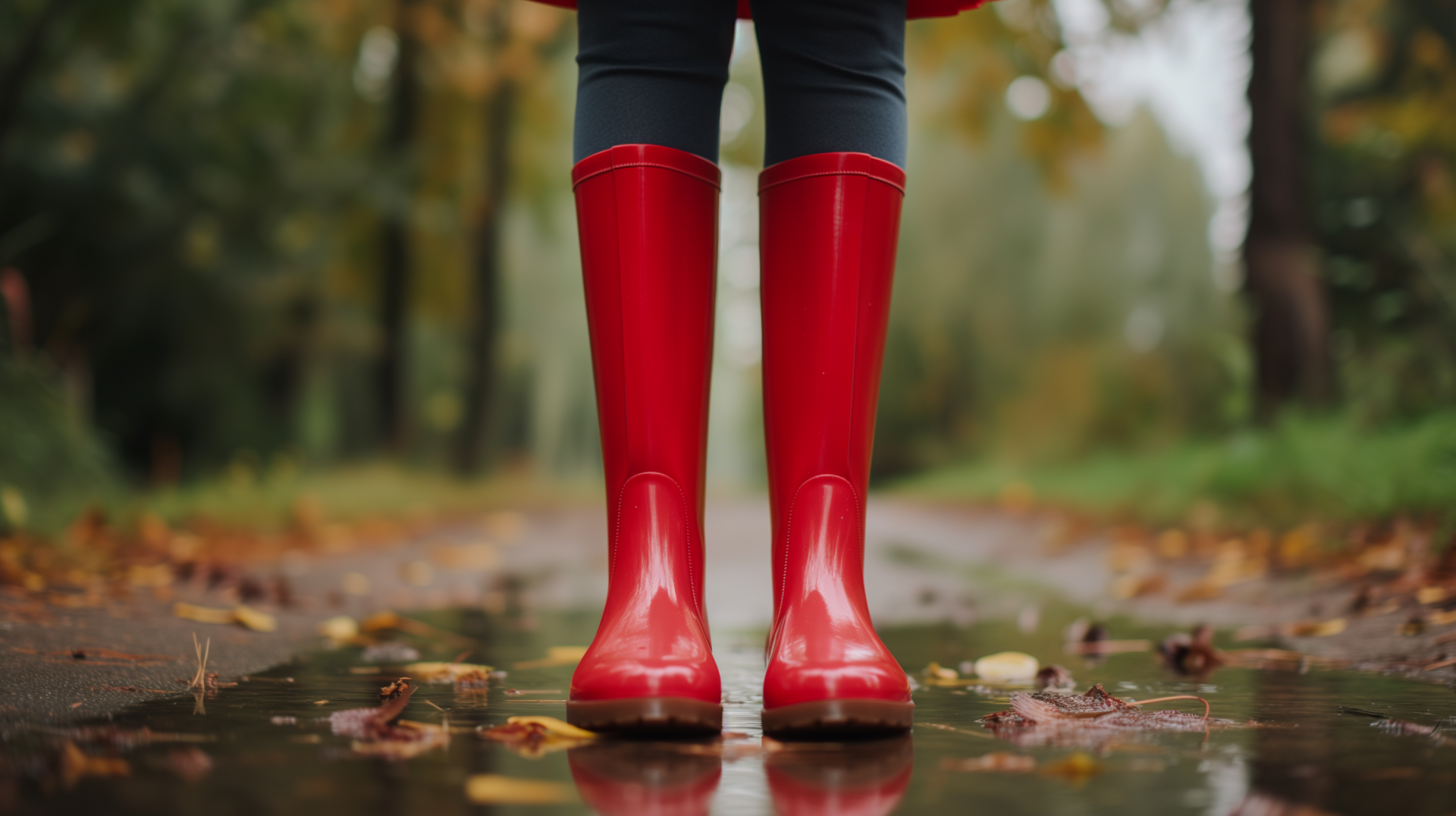 Autumn Splendor: Red Rain Boots on a Rainy Day Wallpaper by robokoboto
