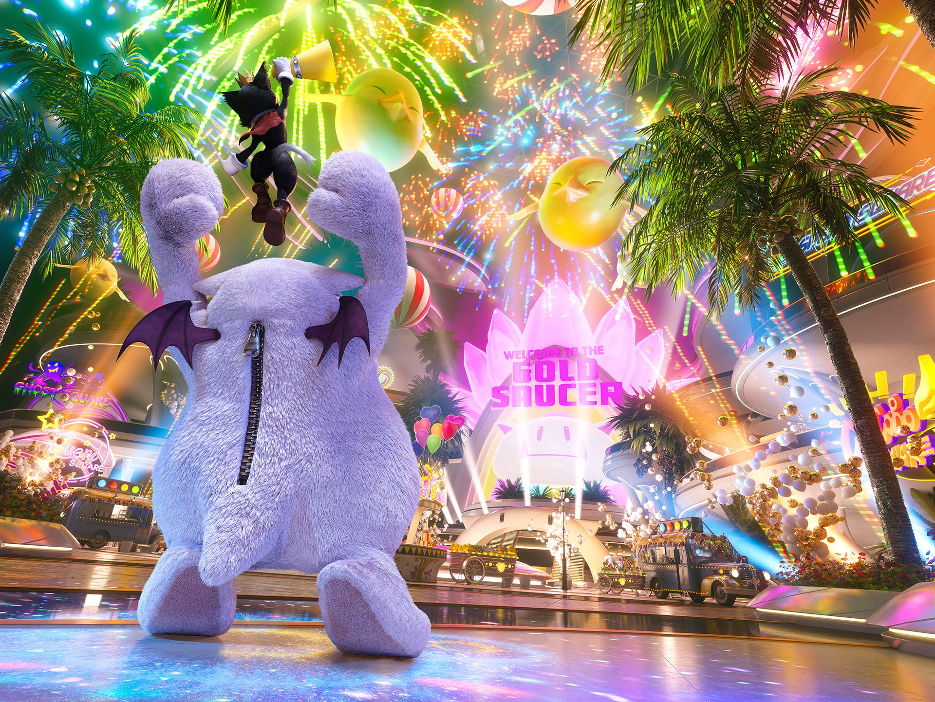 Final Fantasy VII Rebirth HD Wallpaper - Vibrant Gold Saucer Scene