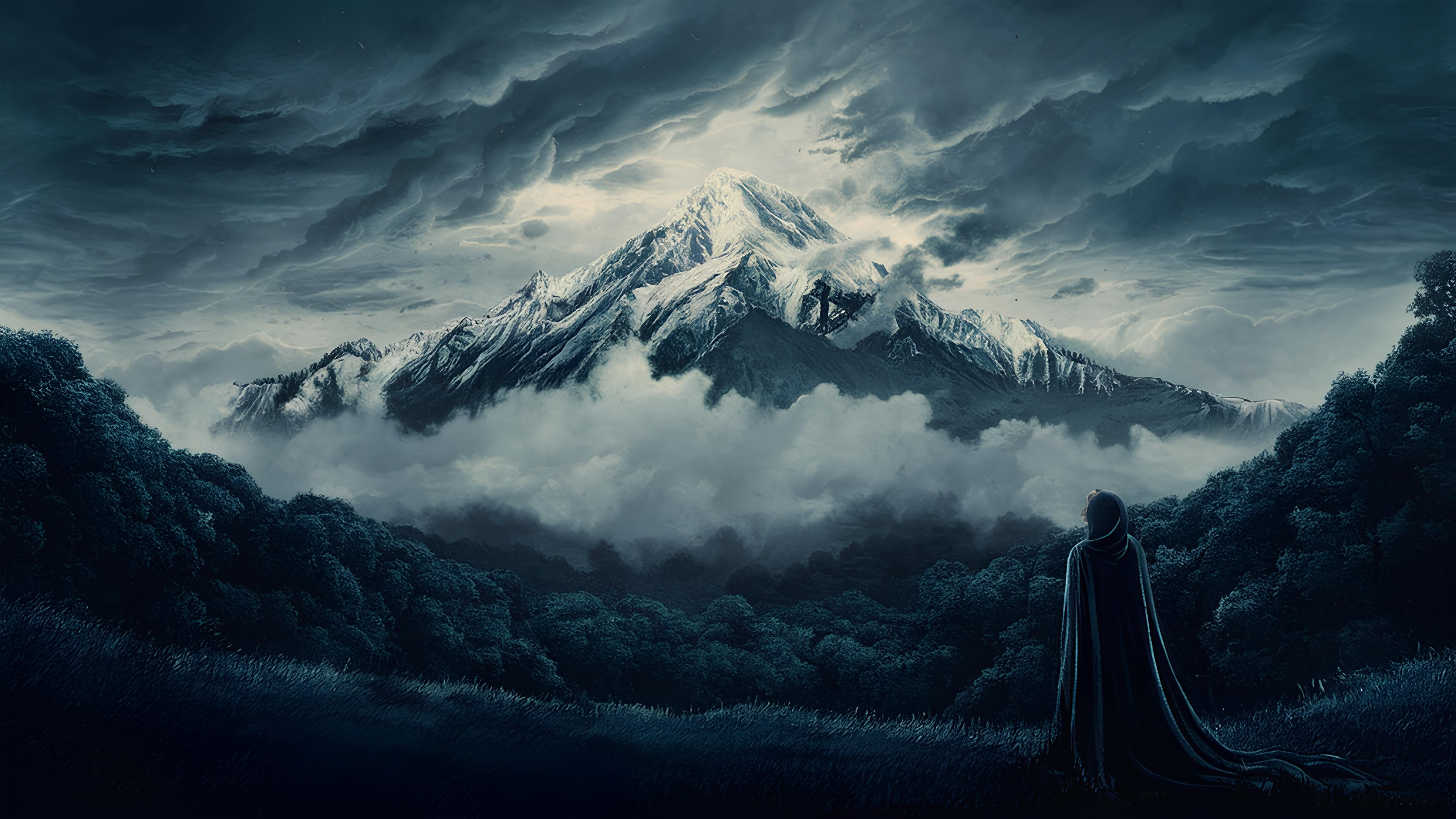 Mysterious figure before snow-capped mountain by gabruwallpapers