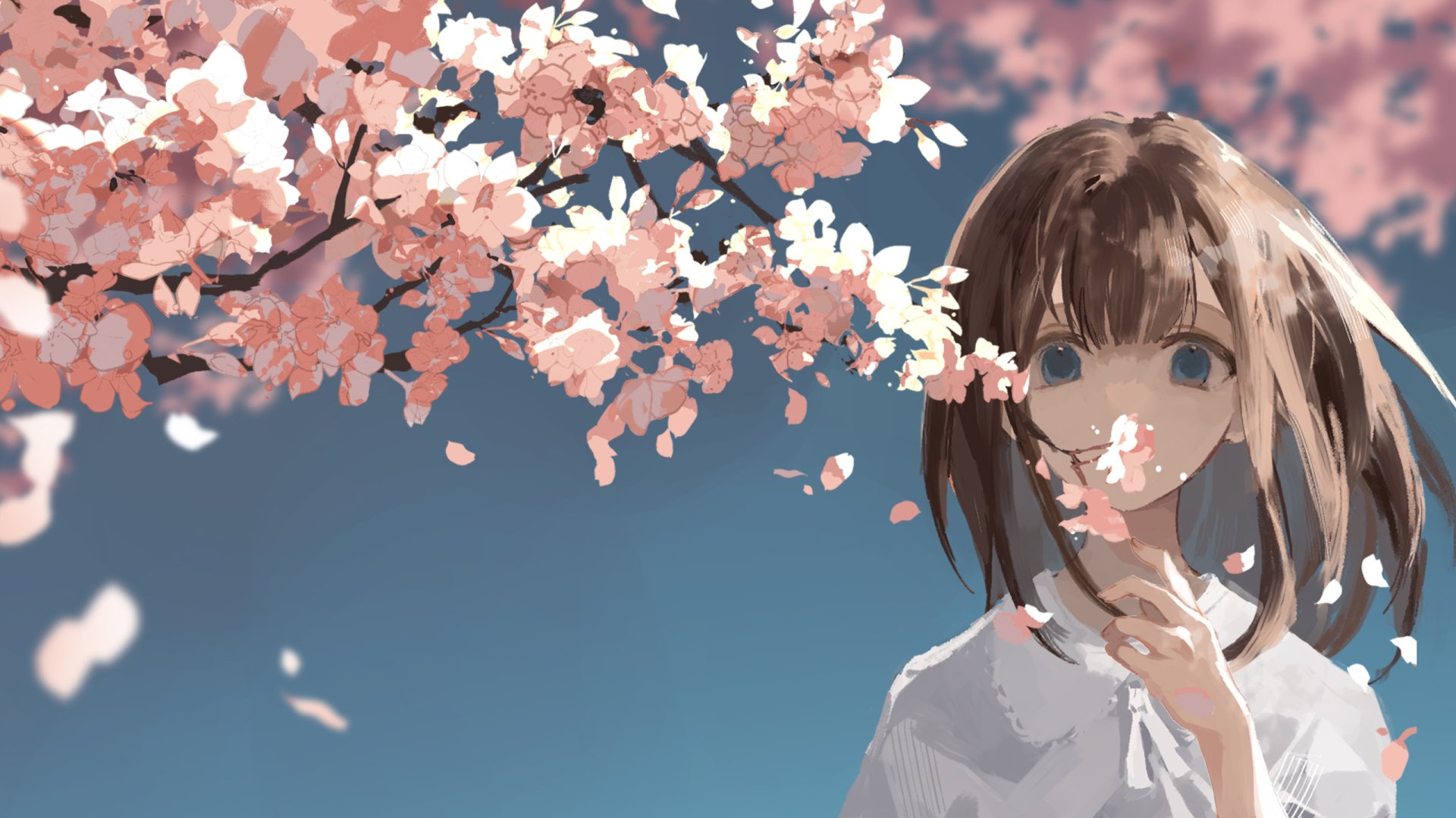 Enchanting Anime Girl with Cherry Blossoms - HD Painting Wallpaper