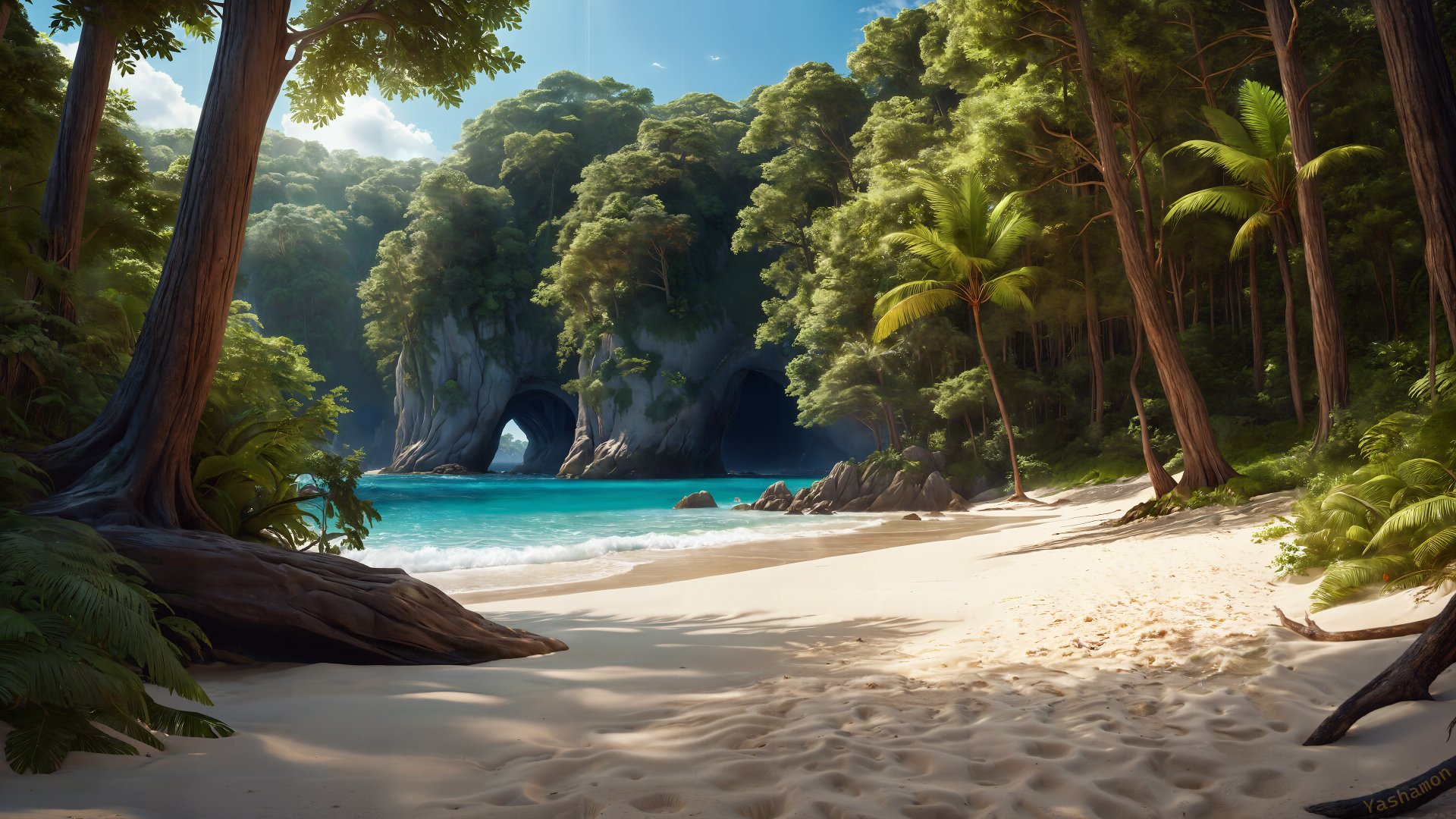 4K Ultra HD Artistic Cove: Serene Beach Arch AI Wallpaper by Yashamon