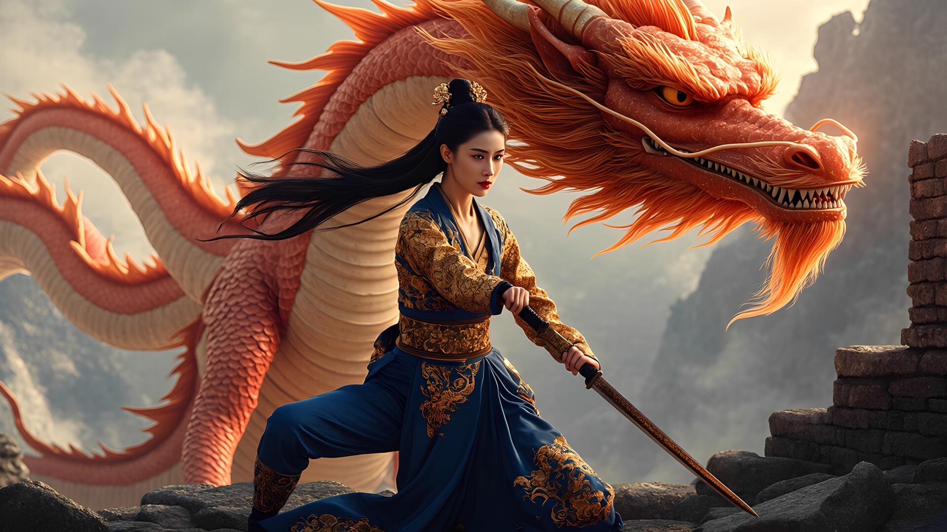 Download Asian Girl Dragon Sword 4k Ultra HD Wallpaper