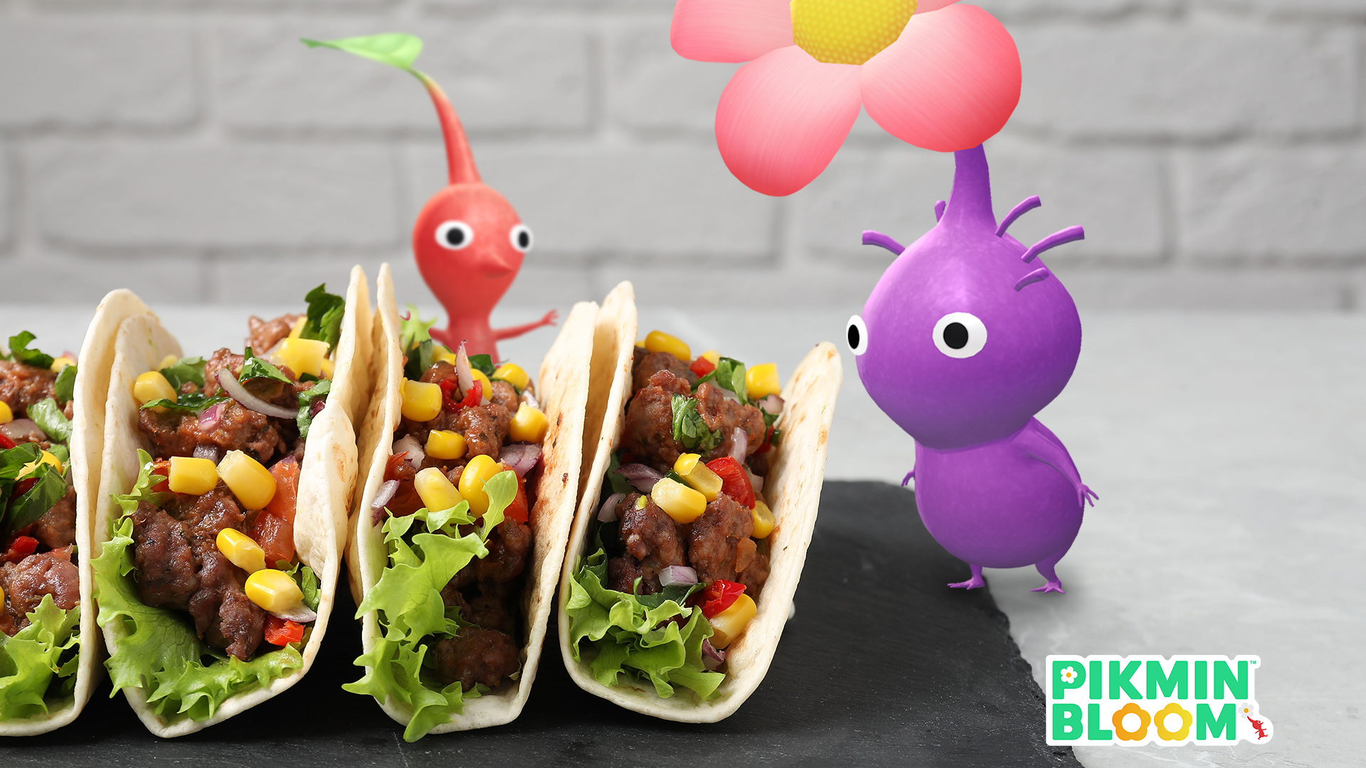 HD Pikmin Feast: Vibrant Wallpaper of Colorful Creatures and Tasty Tacos