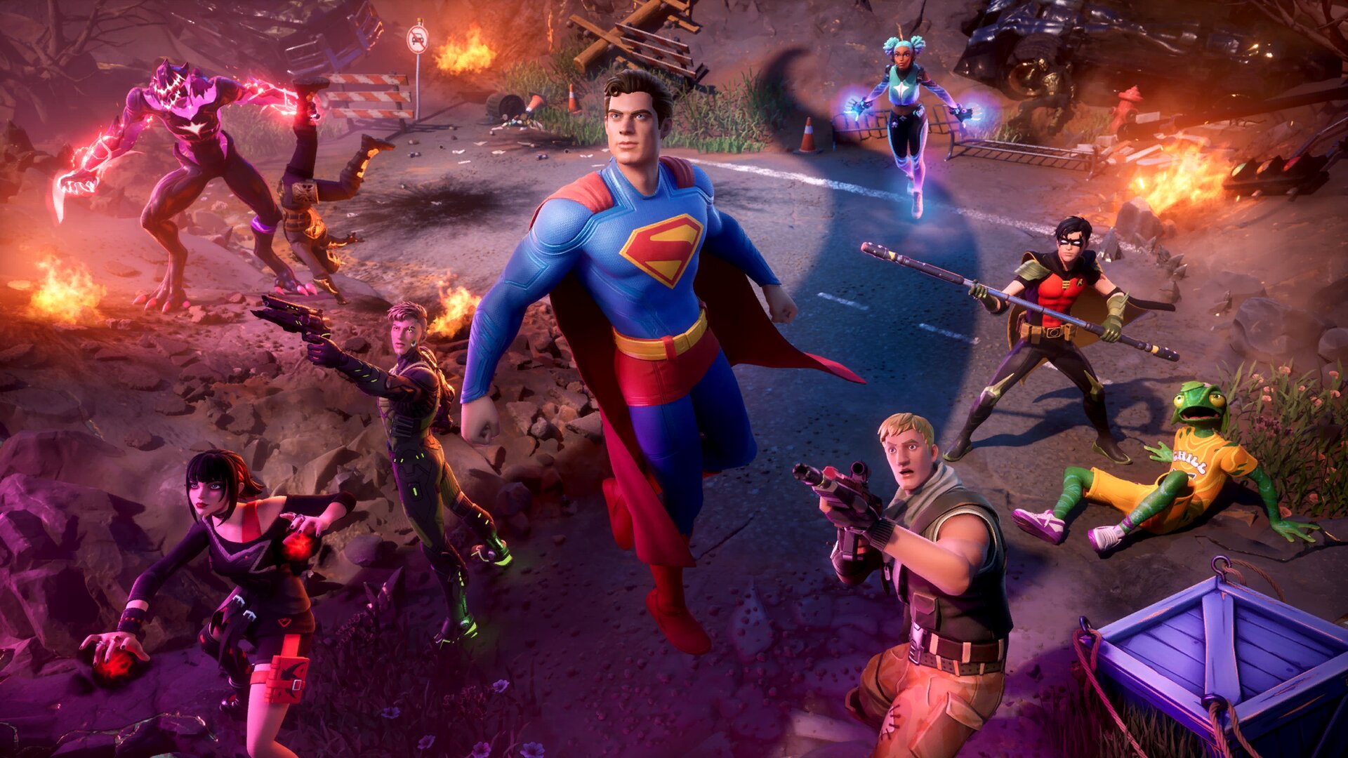 Epic Fortnite HD Wallpaper Featuring Superman and Heroes in Action