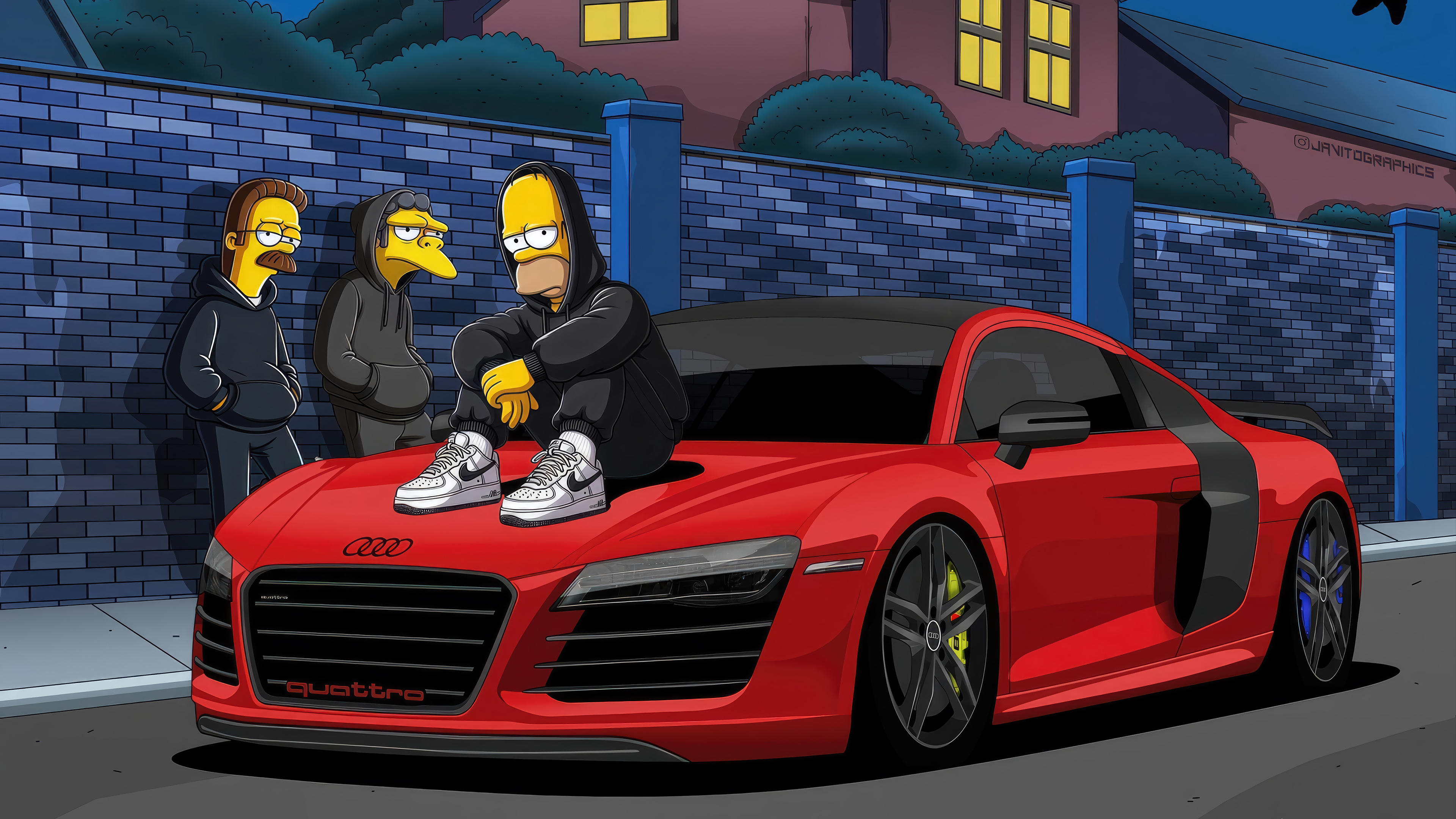 The Simpsons 4K Wallpaper - Homer, Moe & Ned's Midnight Ride