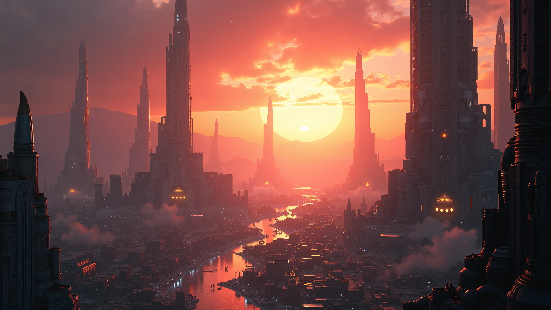 2K Quad HD Wallpaper — Dawn Over a Sci‑Fi River City by michaldunaj ...
