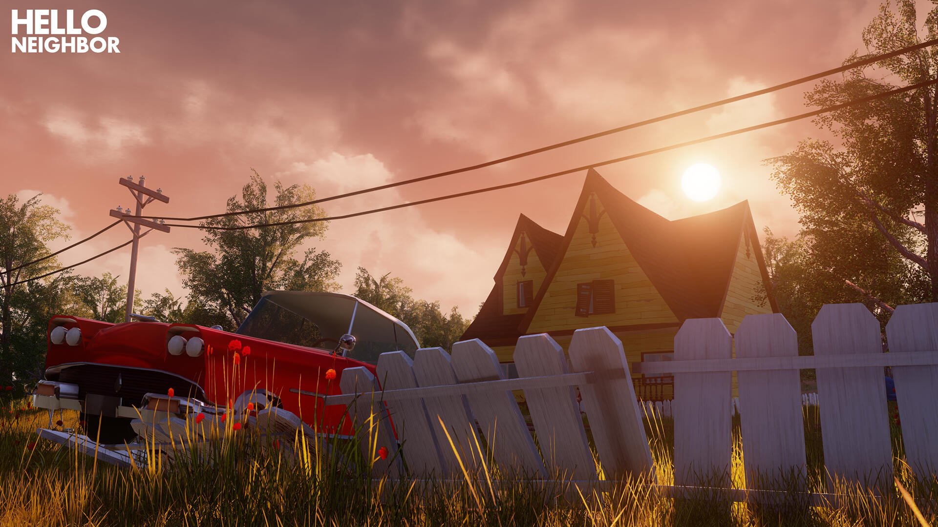 Hello Neighbor HD Wallpaper – Eerie Sunset Scene from the Video Game