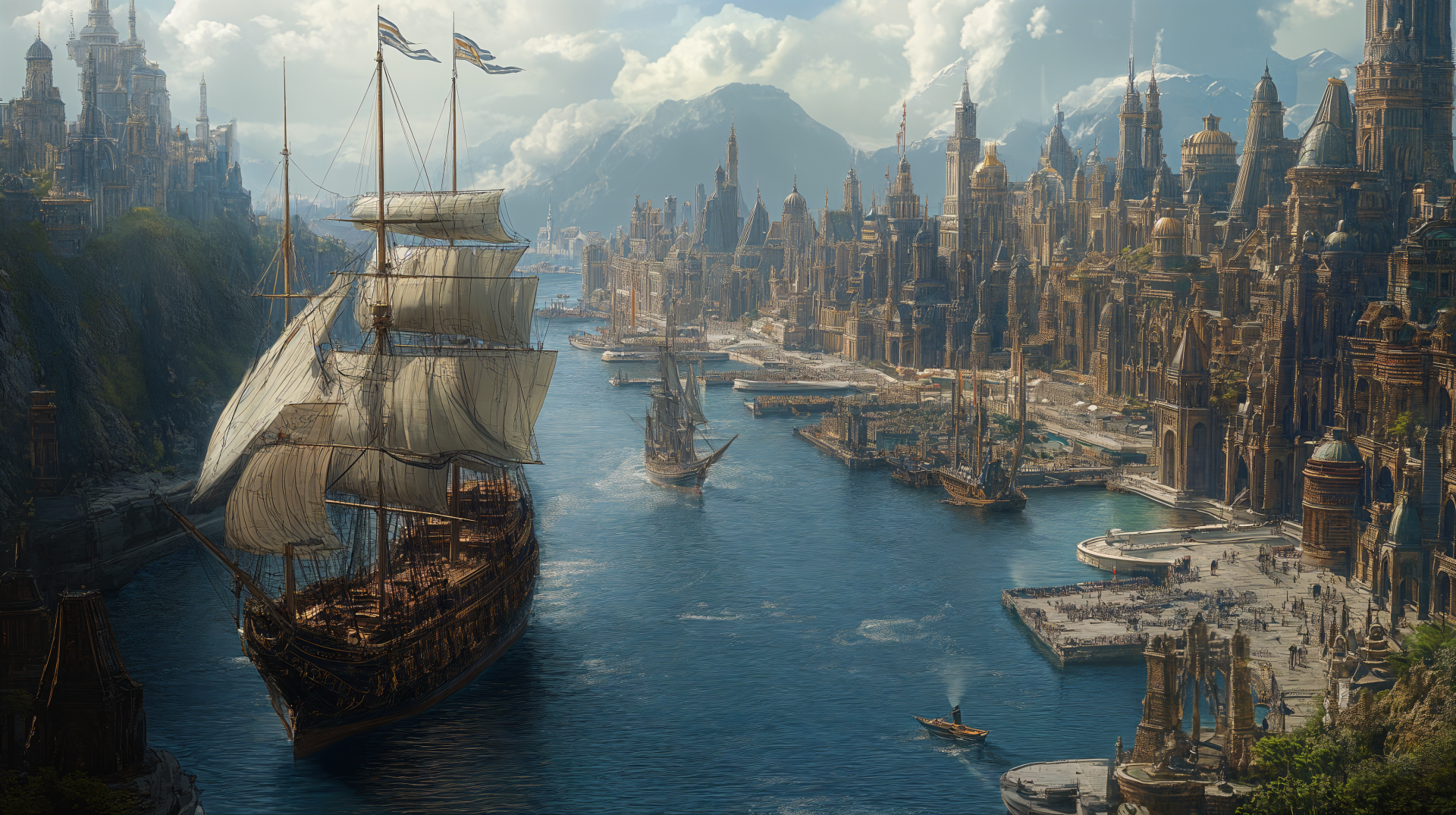 Download Fantasy Fantasy City Port City Sailboat Harbor 4k Ultra HD ...