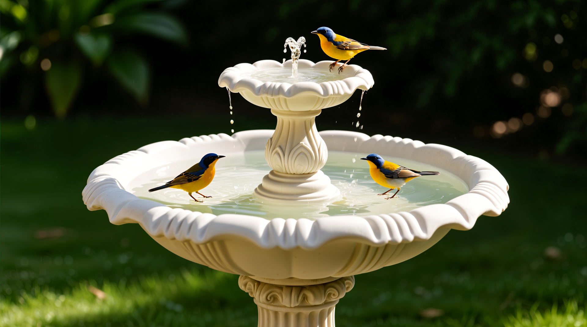 4K Ultra HD Birdbath — Sunlit Garden Fountain with Visiting Birds by QuantumCurator